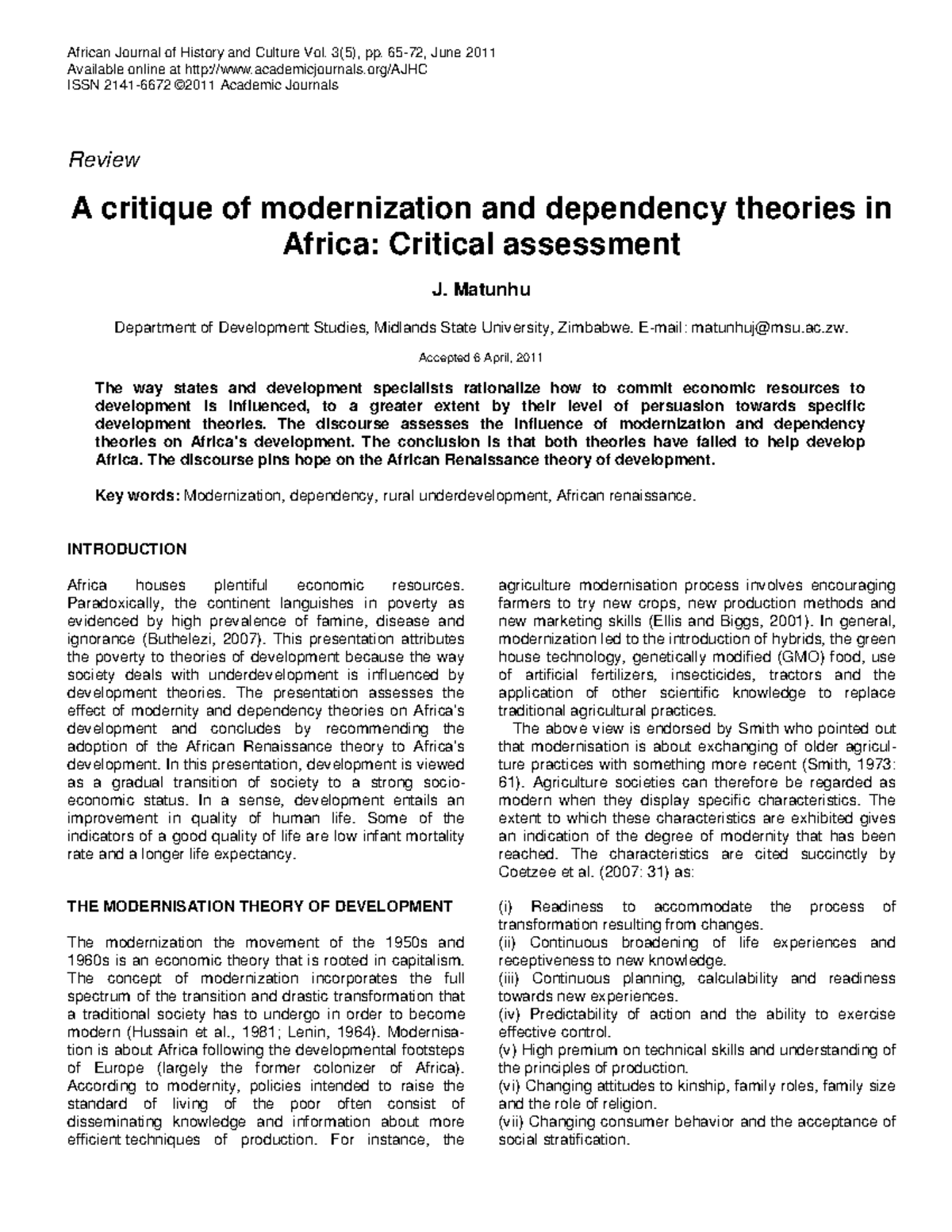Modernization - Summary B.A.(Hons.) Pol. Science - African Journal of ...