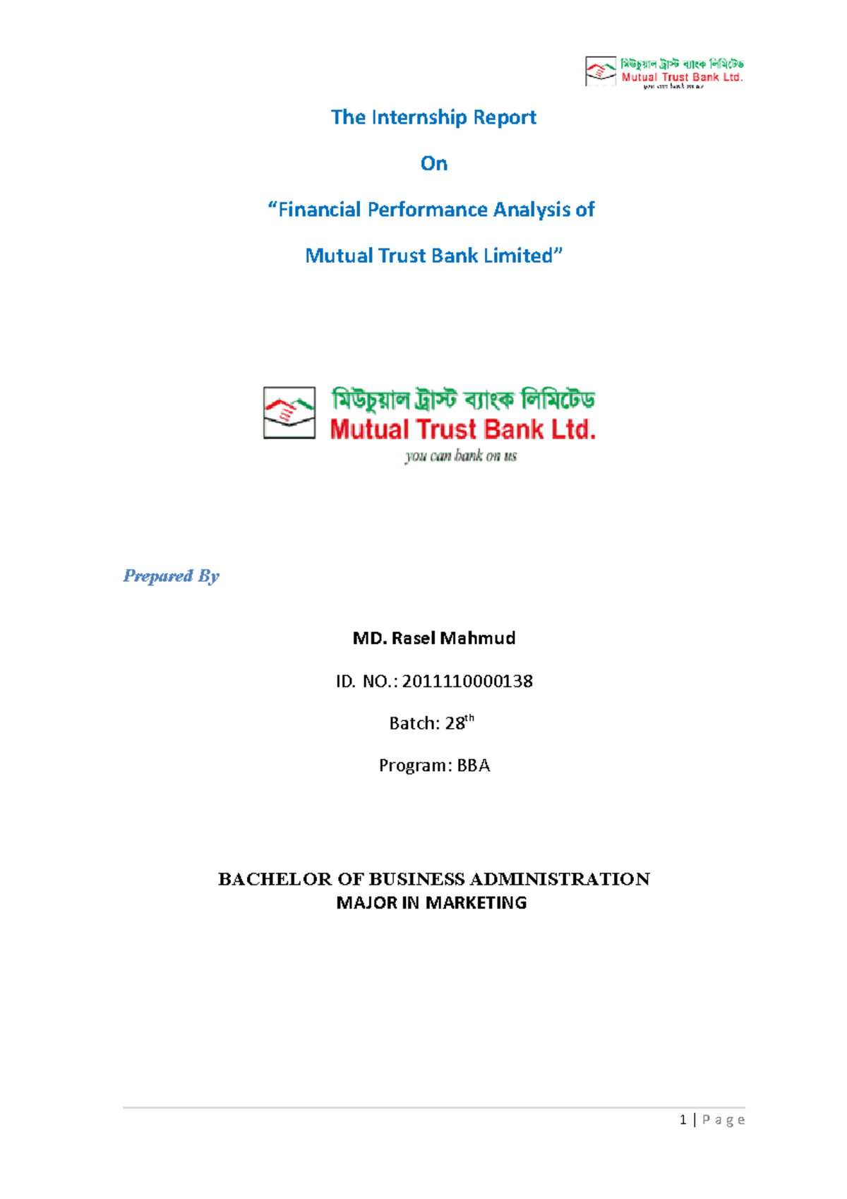 Financial Performance Analysis of - The Internship Report On “Financial ...