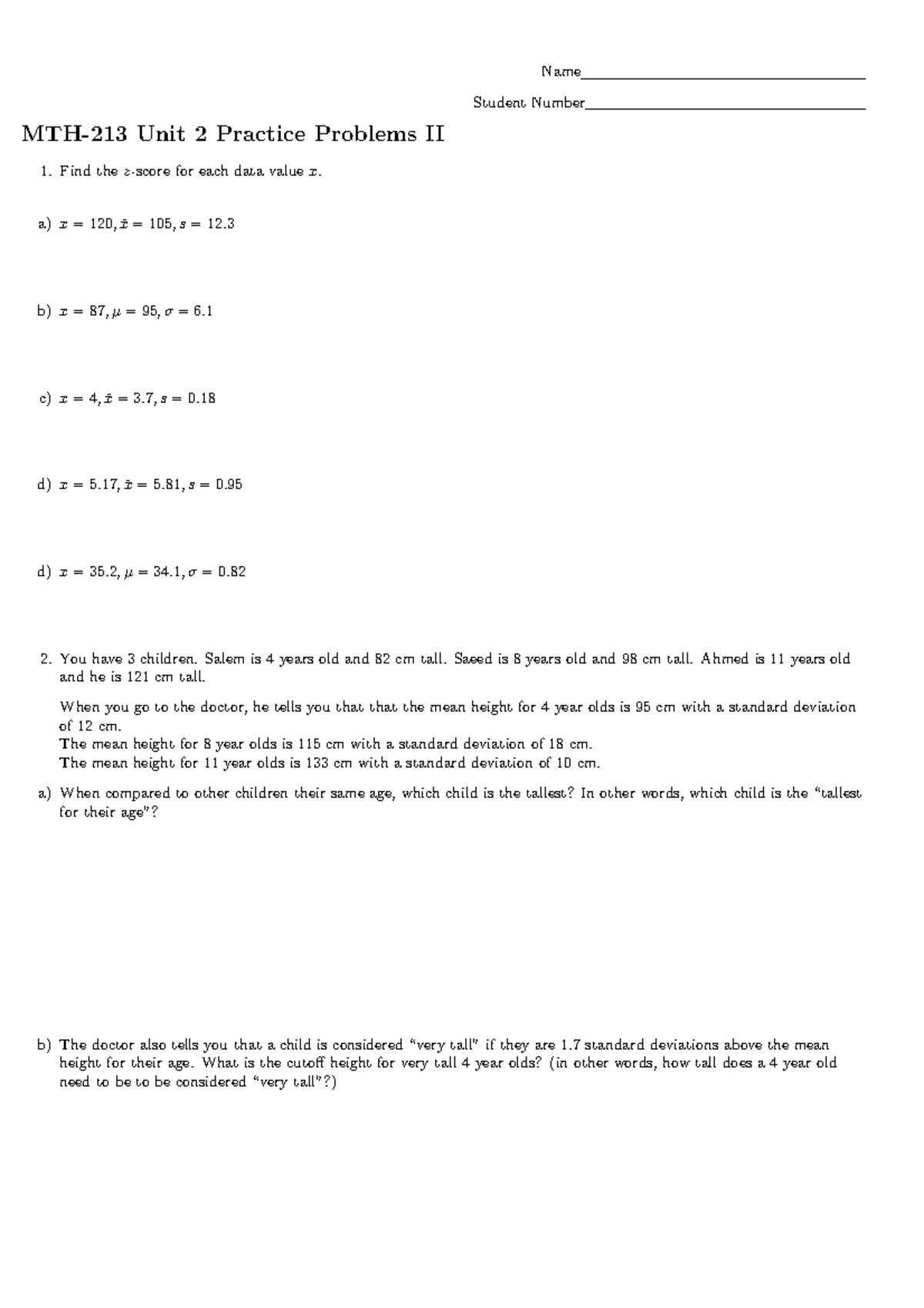 MTH-213-Sec2 - Name Student Number Unit 2 Practice Problems II 1. Find ...