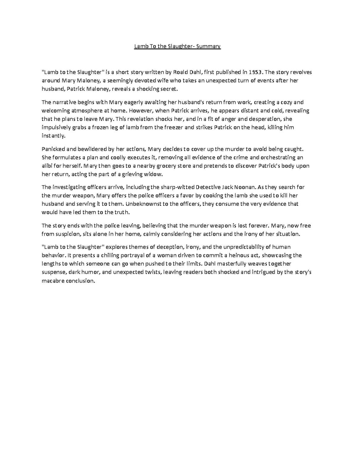Lamb To the slaughter - The story revolves around Mary Maloney, a ...