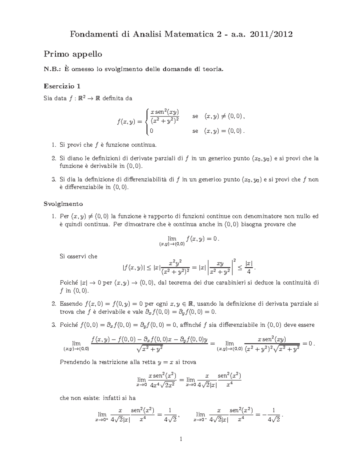 Fondamenti di Analisi Matematica 2 - a.a. 2011-2012 Primo appello - Fondamenti di Analisi ...