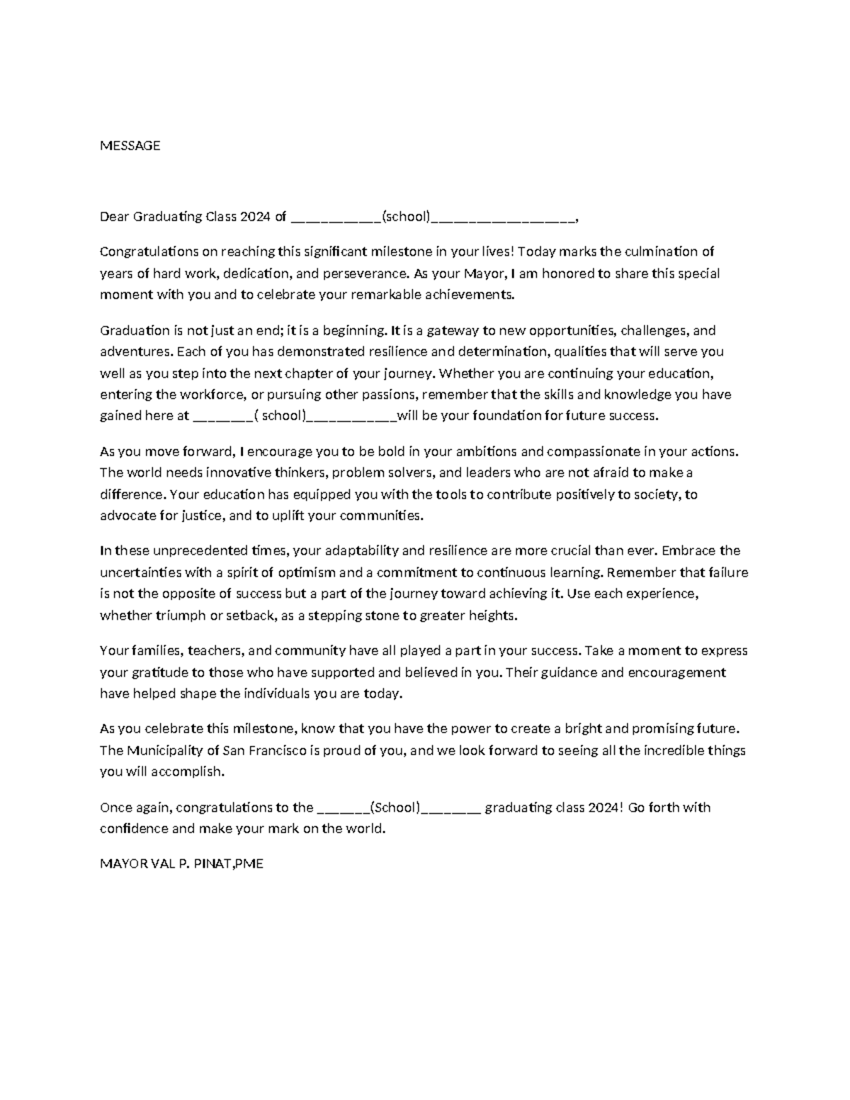 Graduation Message 2024 - MESSAGE Dear Graduating Class 2024 of (school ...
