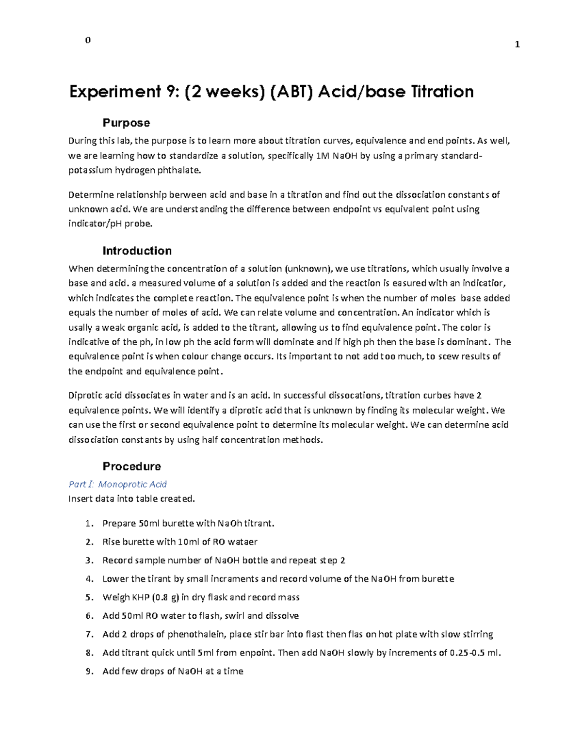 Template Acid Base Titration - Experiment 9: (2 weeks) (ABT) Acid/base ...