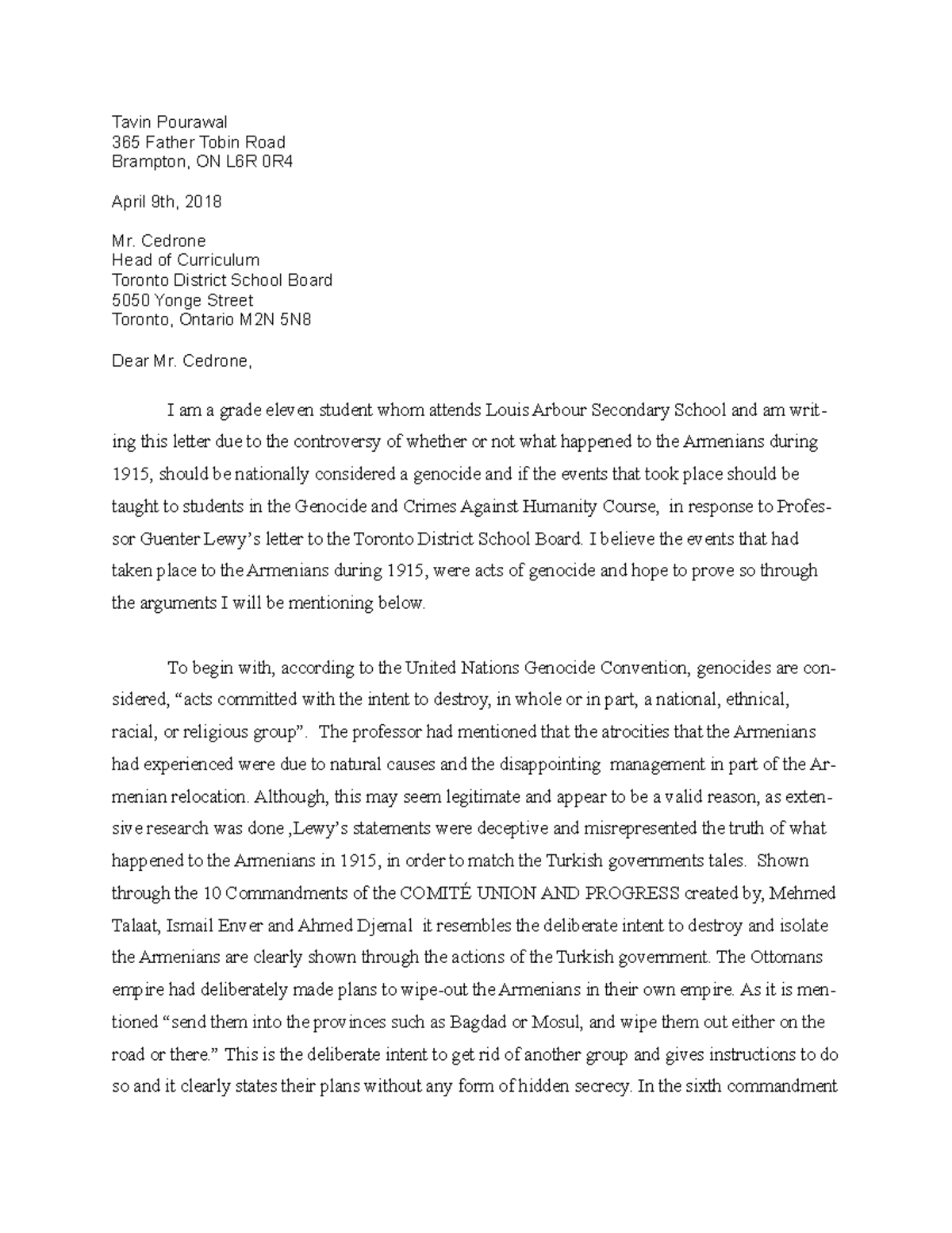 Genocide letter - nothing - Tavin Pourawal 365 Father Tobin Road ...