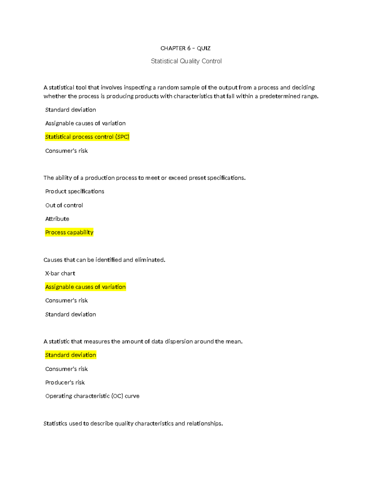 Chapter 6 - QUIZ - Statistical Quality Control - CHAPTER 6 – QUIZ ...