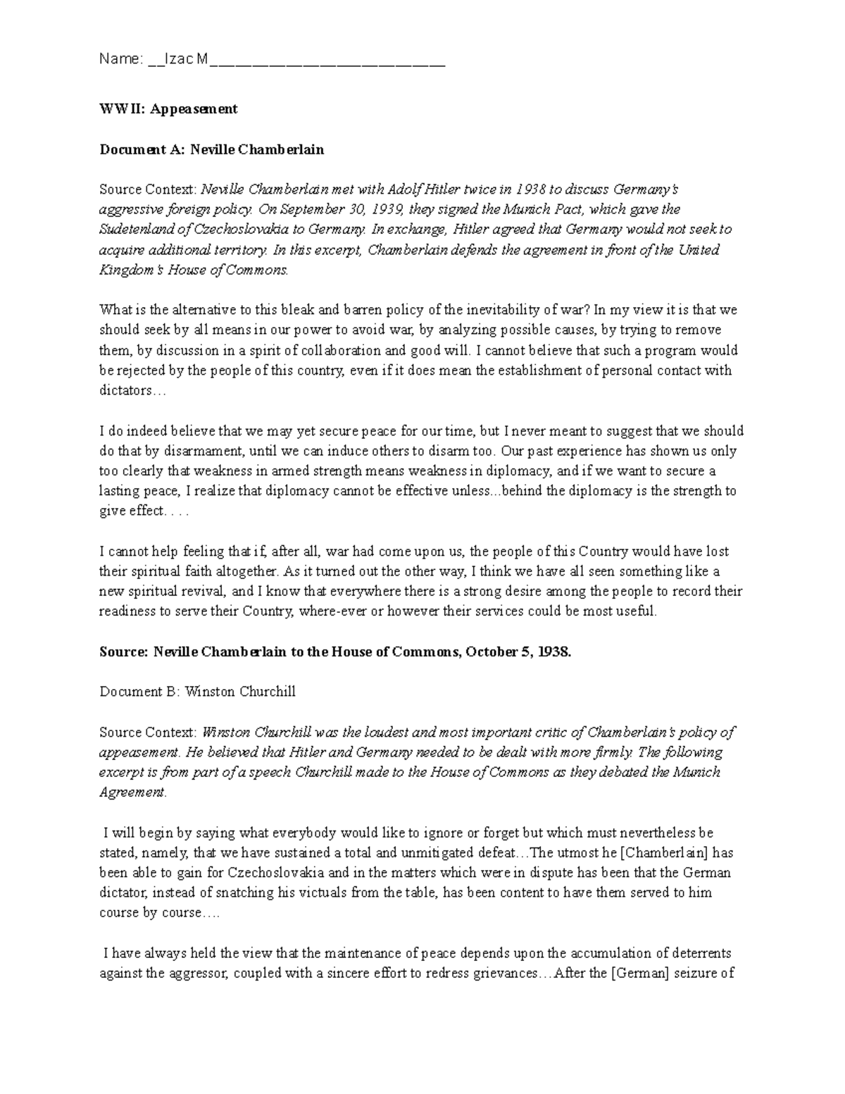 Copy of WWII Appeasement - WWII: Appeasement Document A: Neville ...