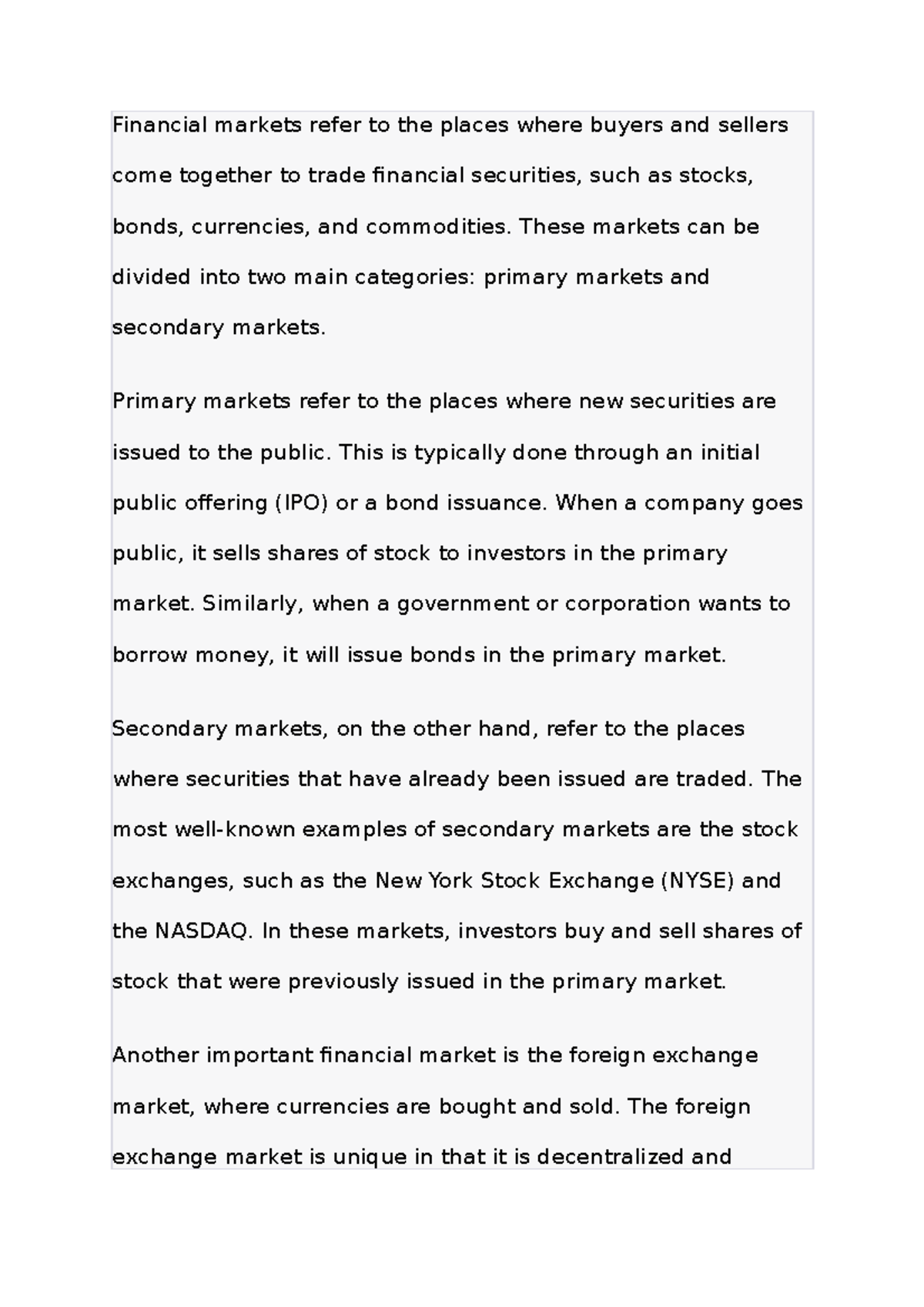 Financial markets notes - Financial markets refer to the places where ...