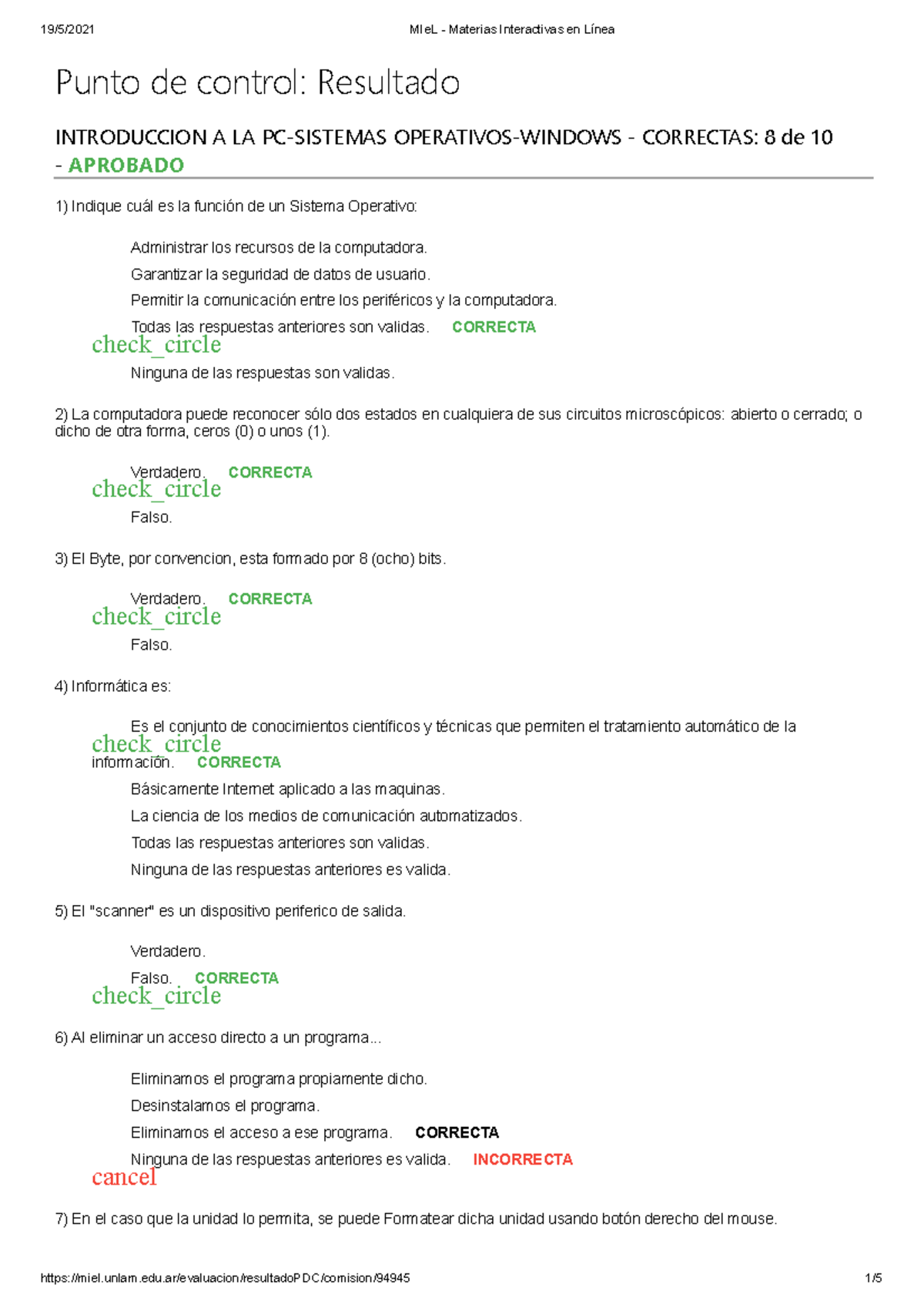 Examen compu 1 - Punto de control: Resultado INTRODUCCION A LA PC-SISTEMAS OPERATIVOS-WINDOWS ...