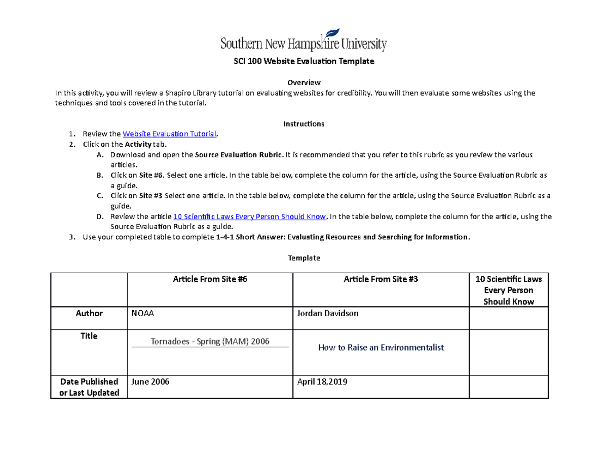 1-4-1 - assignments - SCI 100 Website Evaluation Template Overview In ...
