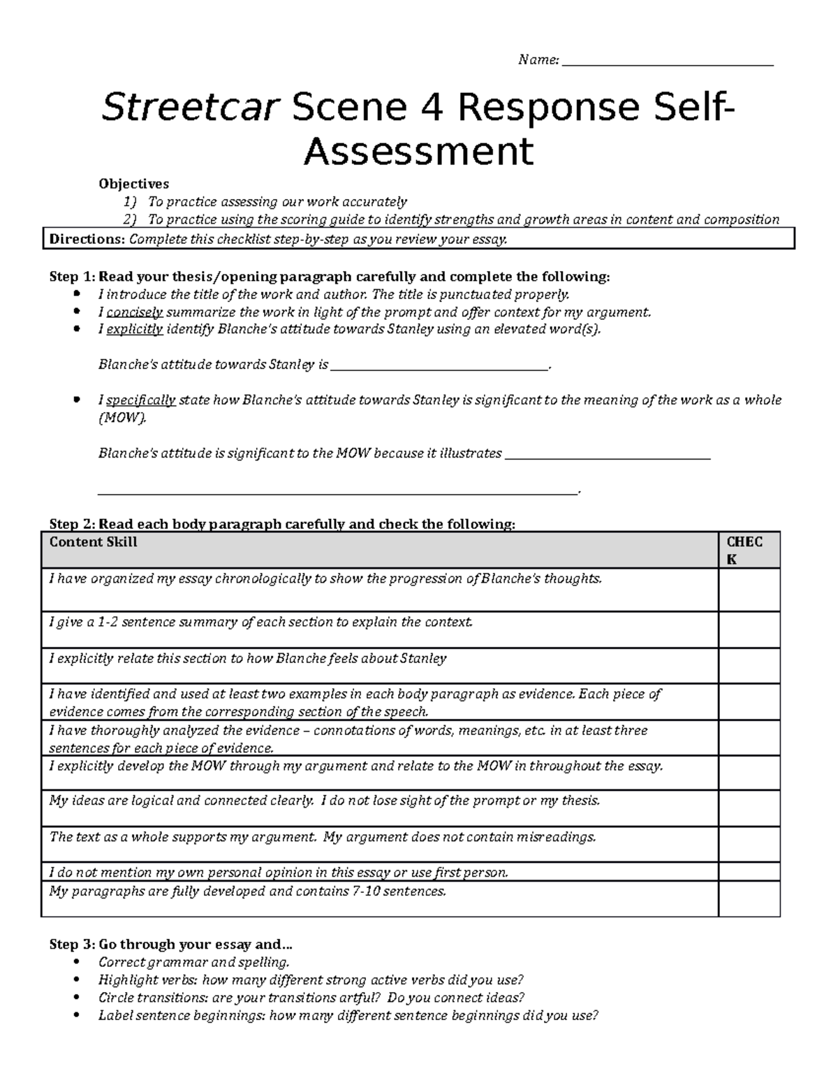 Scene 4 Check List Writing - Name ...