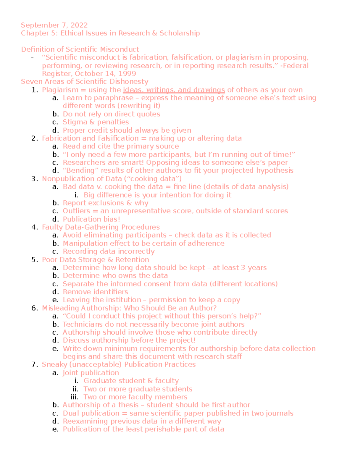 Chapter 5 notes - September 7, 2022 Chapter 5: Ethical Issues in ...