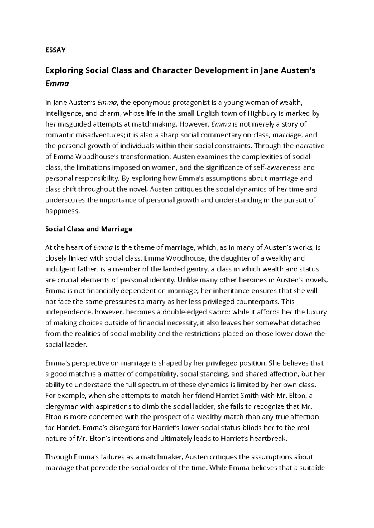 Essay: Jane Austen's 'Emma' - ESSAY Exploring Social Class and ...