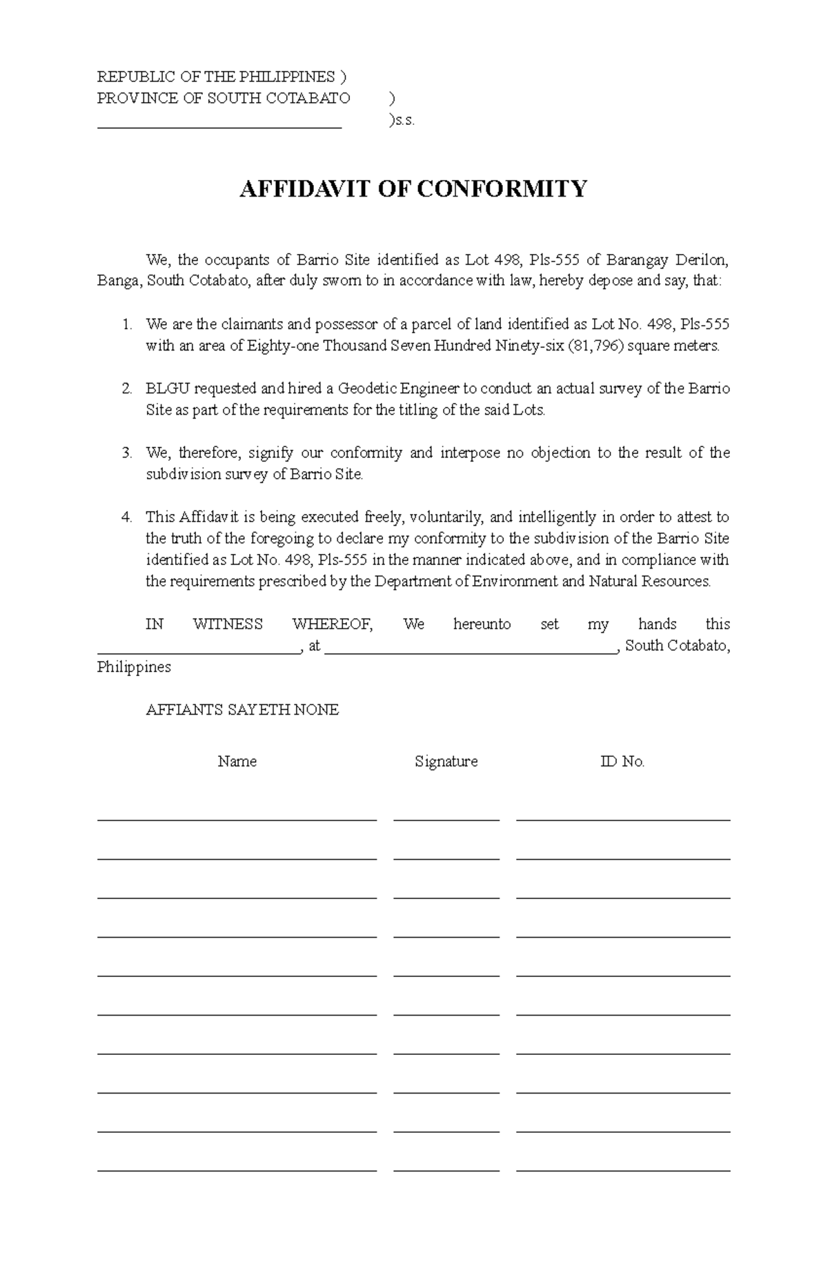 Affidavit of Conformity Brgy. Derilon - REPUBLIC OF THE PHILIPPINES ...