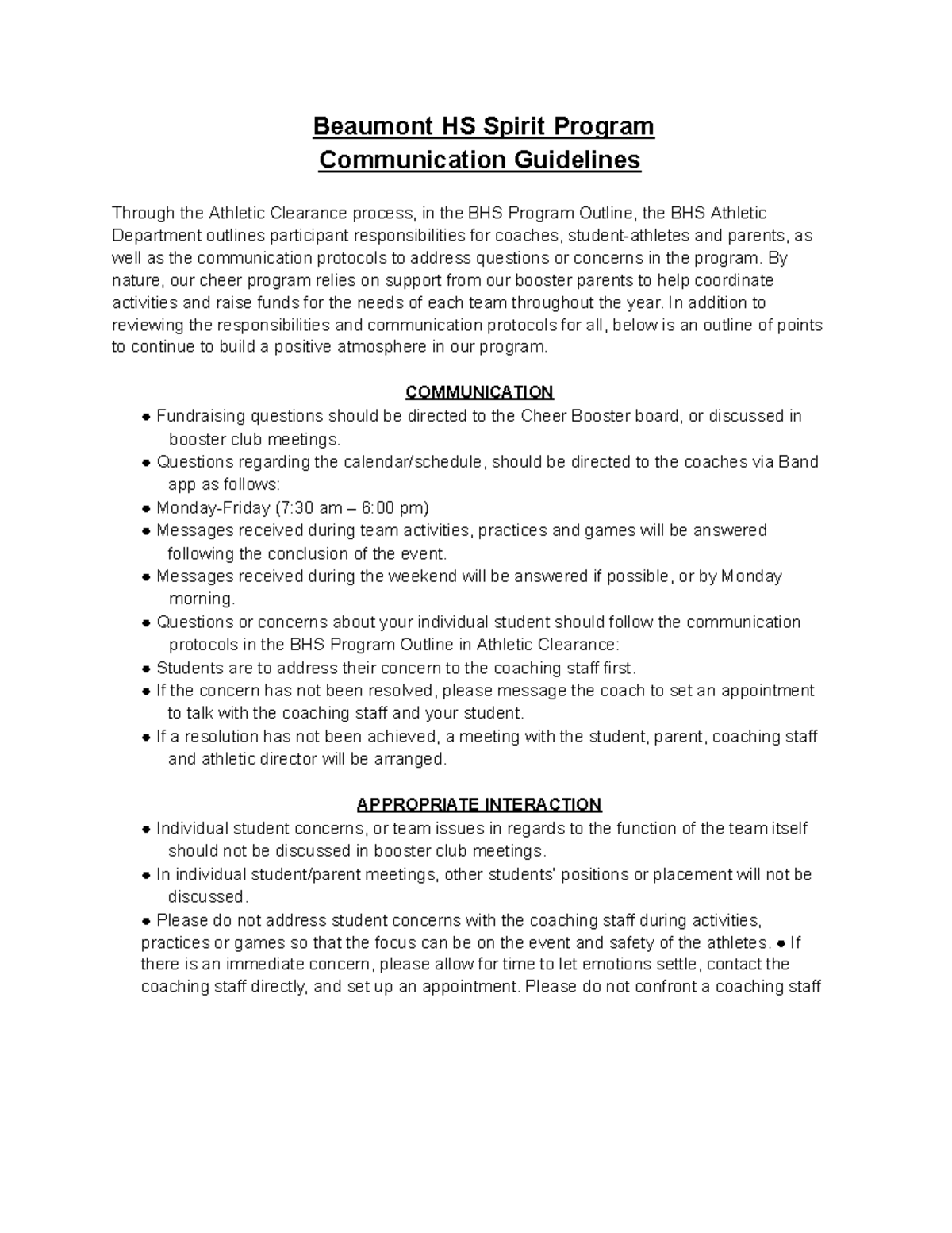 Communication Guidelines - Beaumont HS Spirit Program Communication ...