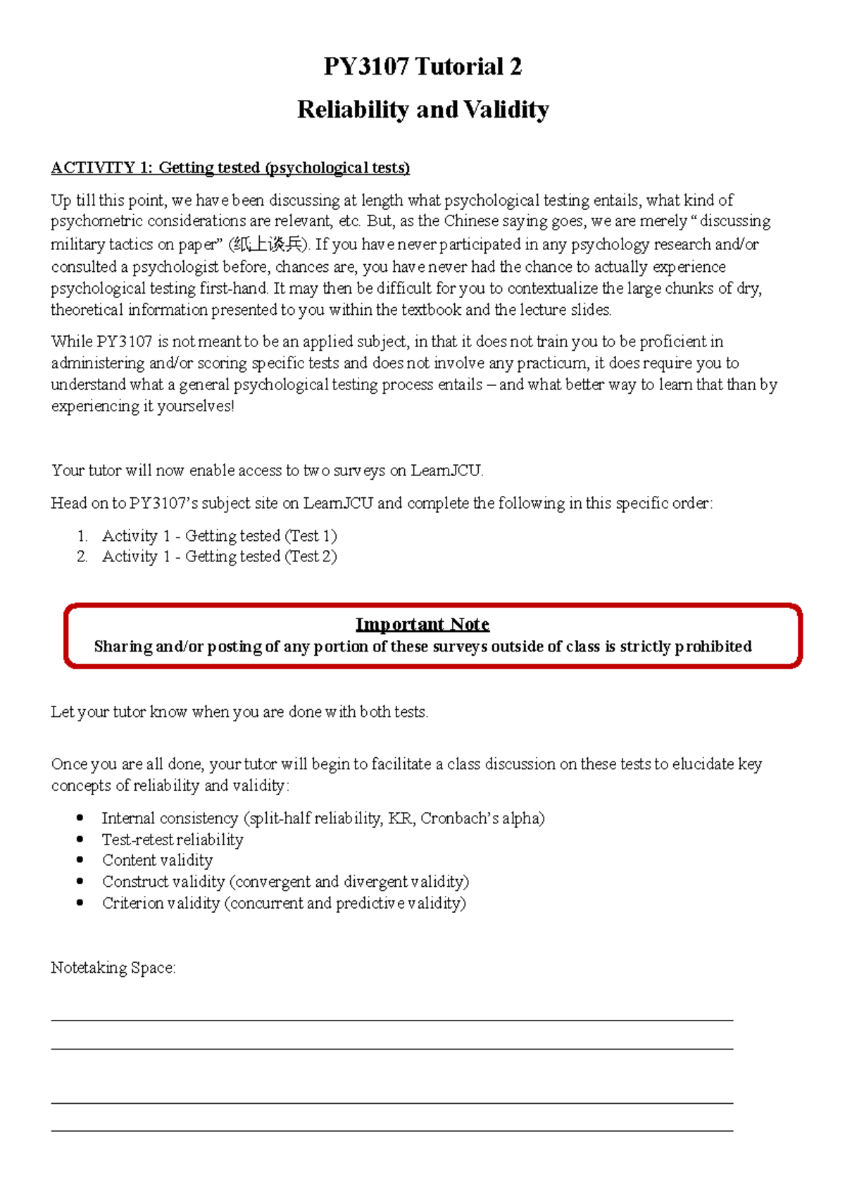 Tutorial 2 Worksheet - Reliability and Validity - PY3107 Tutorial 2 ...