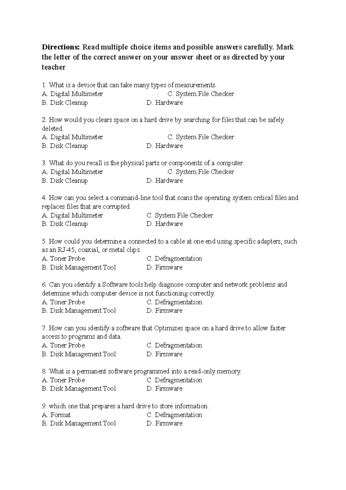 Dignostic - examination - Directions: Read multiple choice items and ...