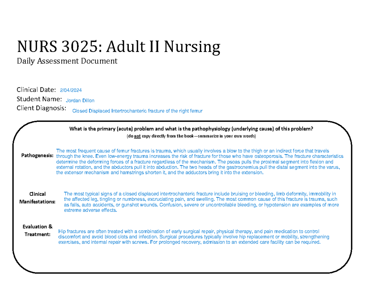 Adult II Daily Assessment #1 - NURS 3025: Adult II Nursing Daily ...