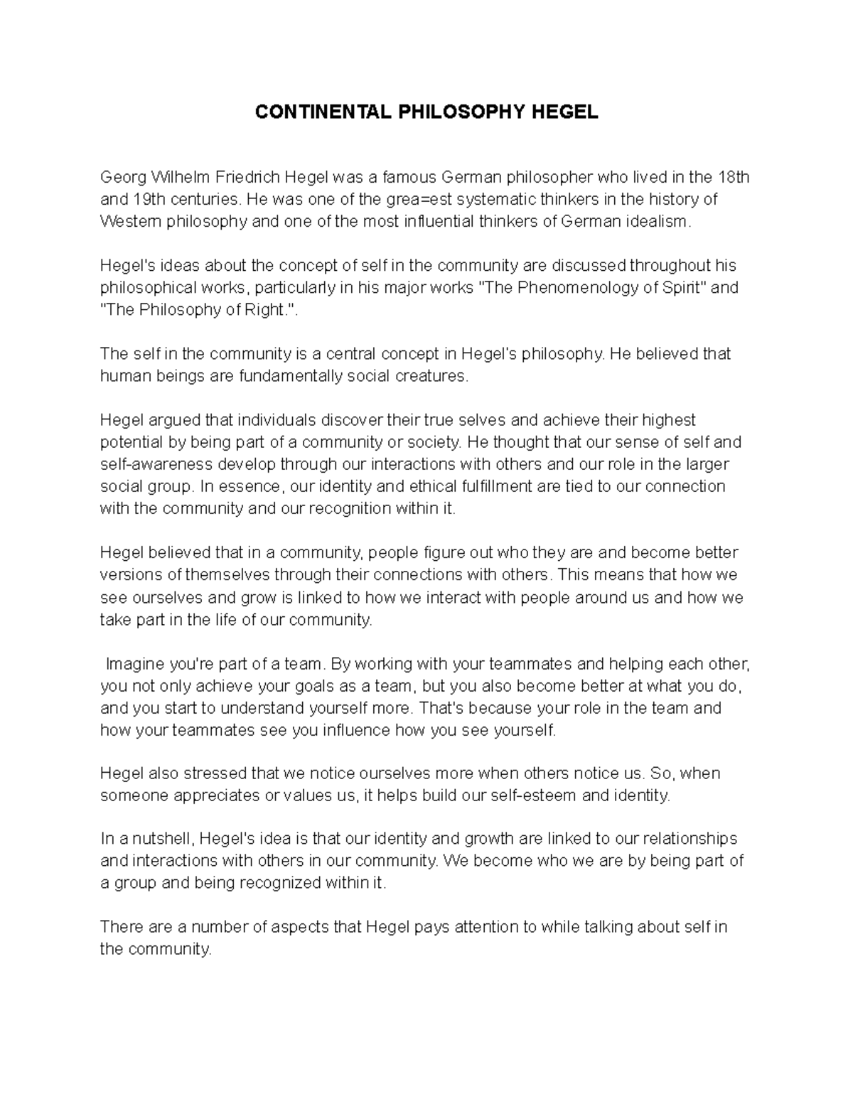 Hegel - self in the community - CONTINENTAL PHILOSOPHY HEGEL Georg ...