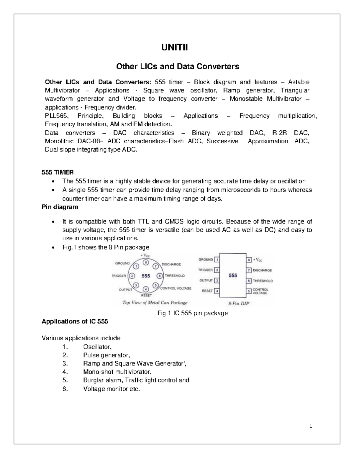 Other LICs and Data Converters Summary of SDIC Unit-2 - UNITII Other ...