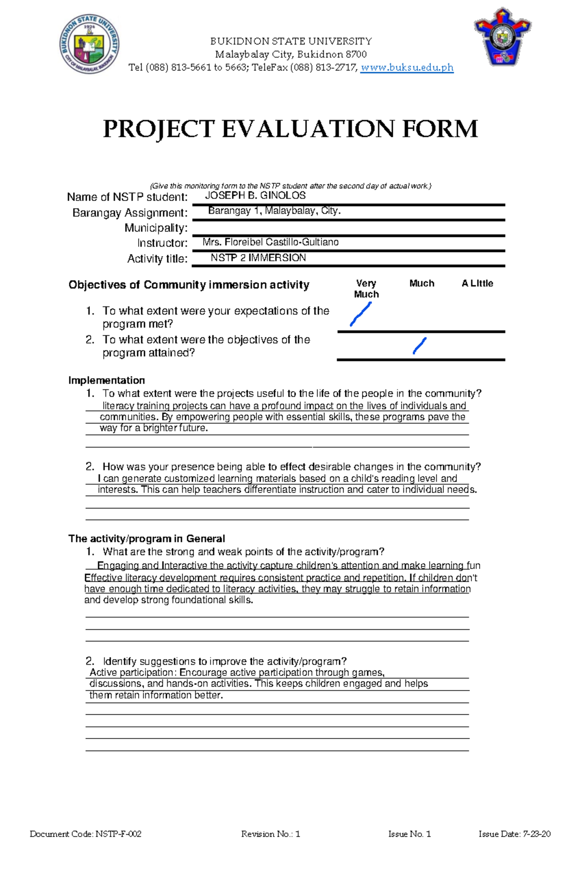 Project Evaluation form 1 - BUKIDNON STATE UNIVERSITY Malaybalay City ...