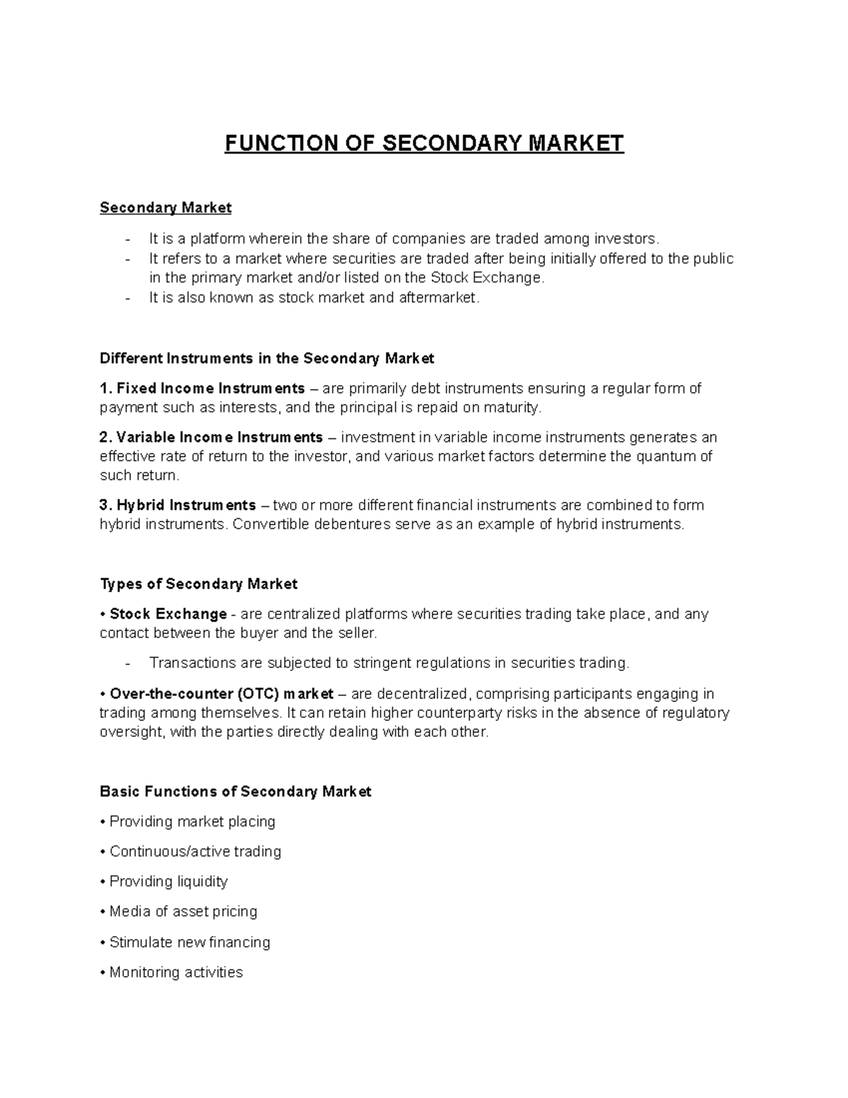 Secondary Market - FUNCTION OF SECONDARY MARKET Secondary Market - It ...
