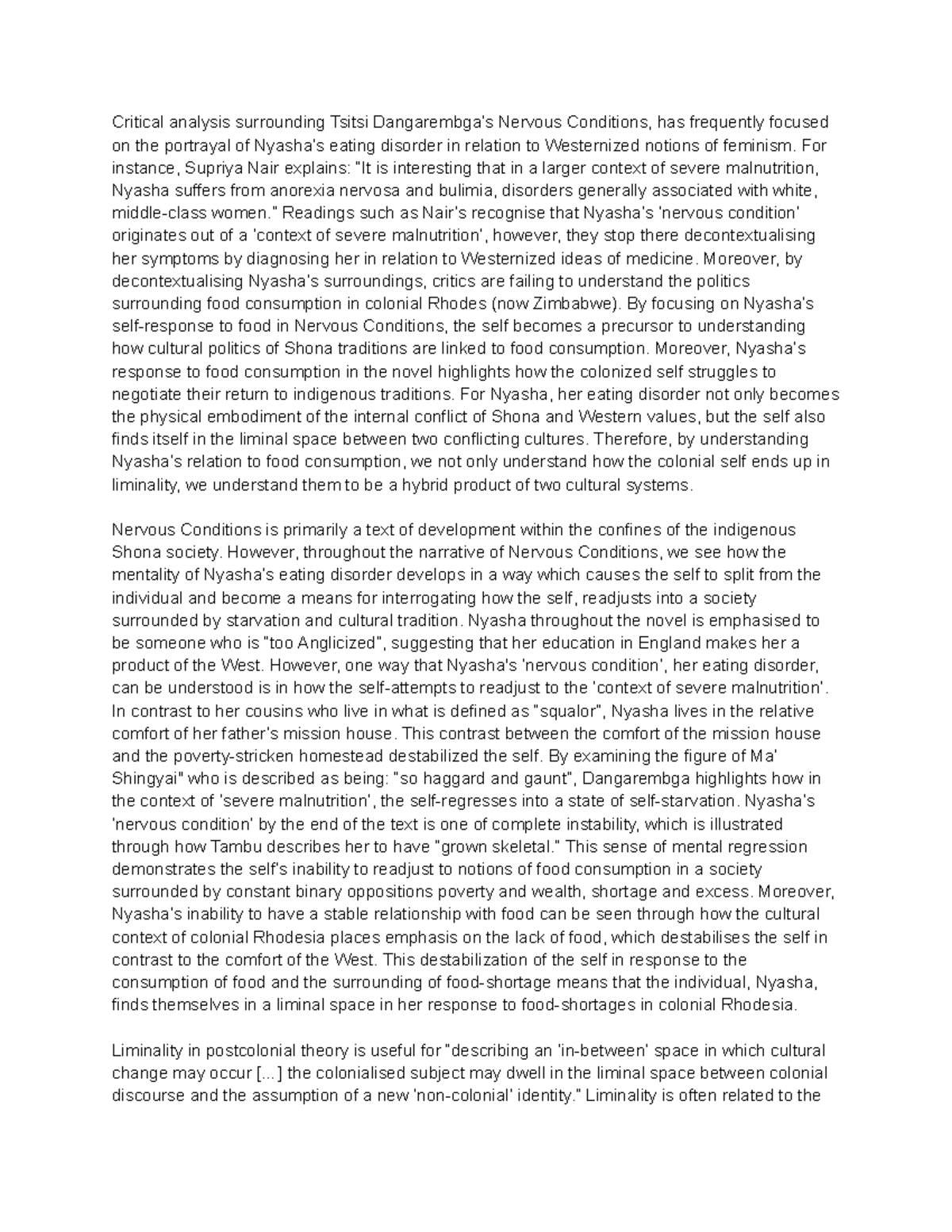Representation of Eating Disorder and Feminism in Nervous Conditions ...
