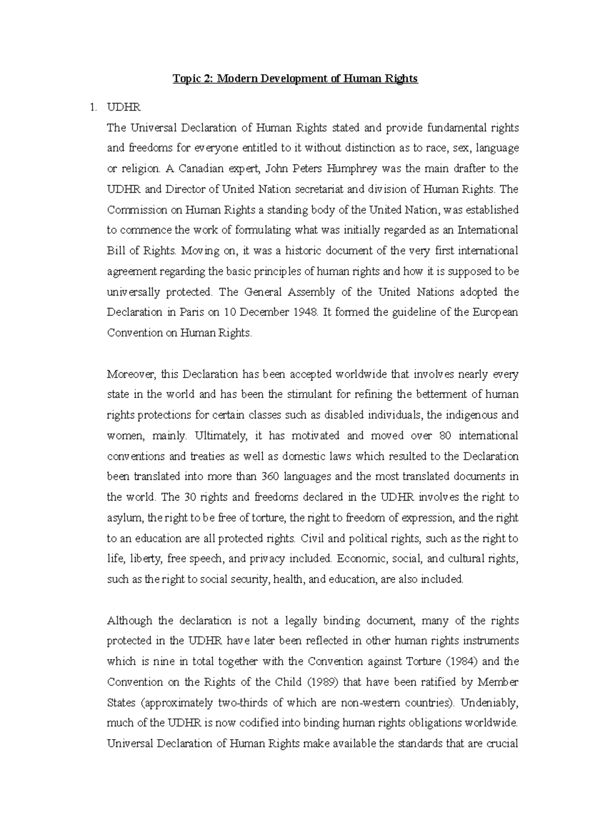 Topic 2 Notes of HRL - Topic 2: Modern Development of Human Rights UDHR ...