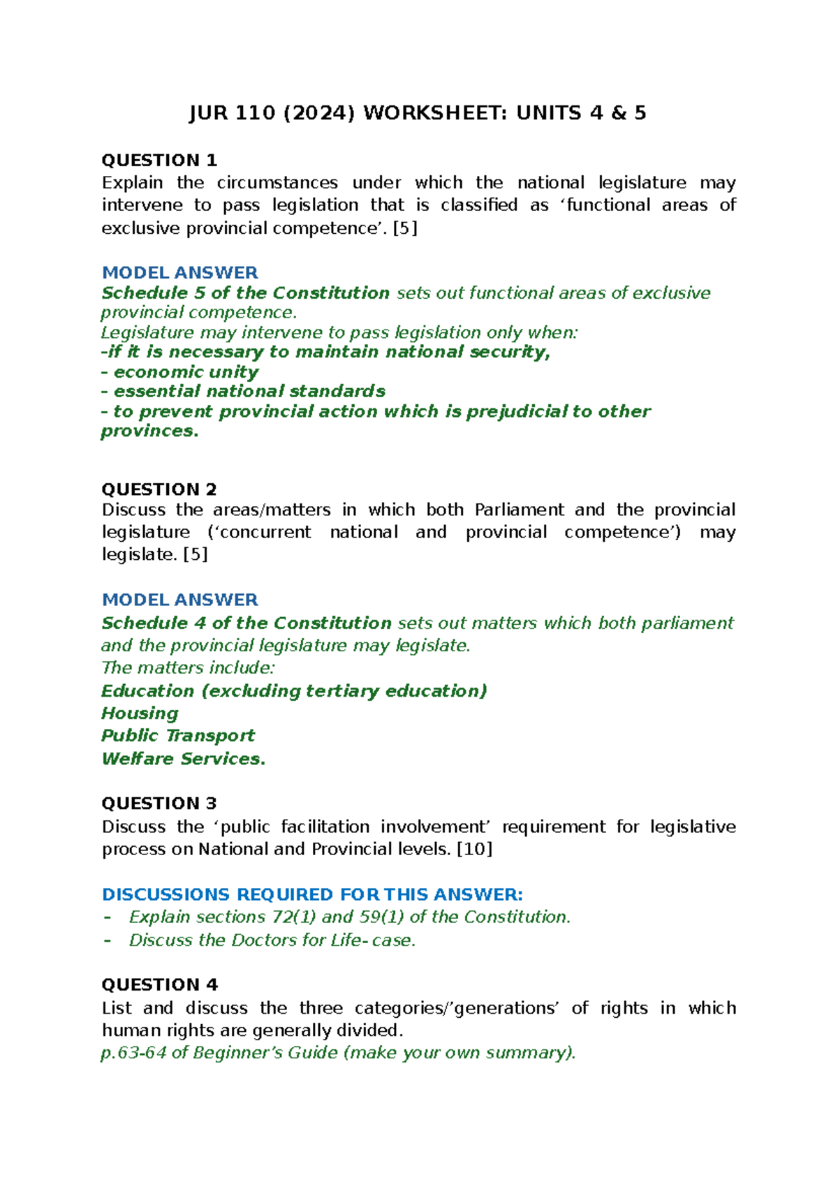 Units 4 & 5 TUTORIAL - JUR 110 (2024) WORKSHEET: UNITS 4 & 5 QUESTION 1 Explain the - Studocu