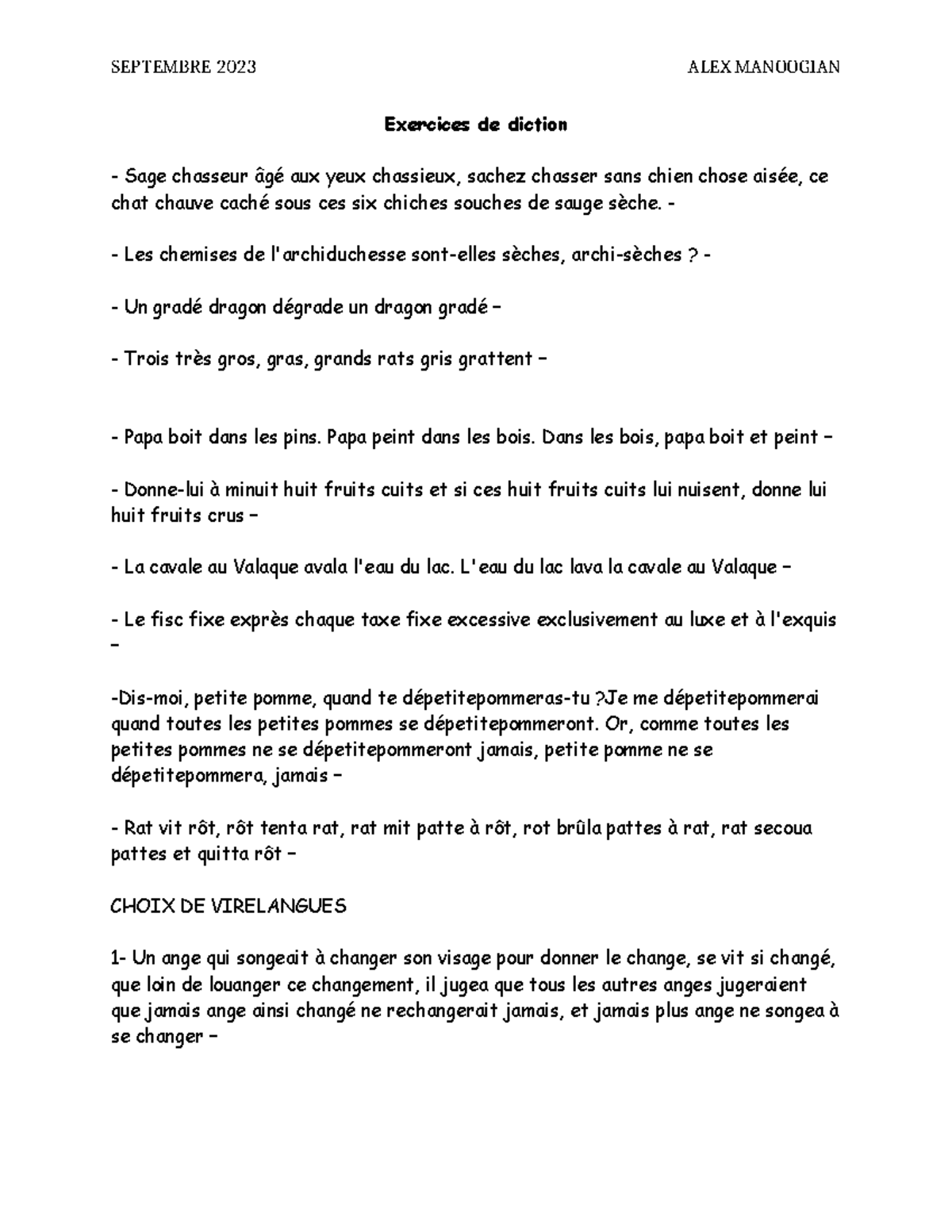 Exercices de diction - jihjkdabfs - SEPTEMBRE 2023 ALEX MANOOGIAN ...