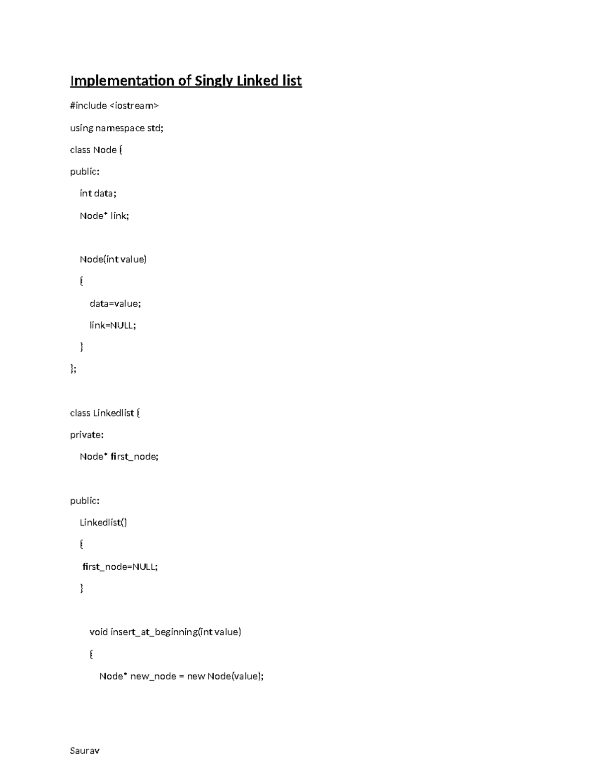 Implementation Of Singly Linked List Implementation Of Singly Linked