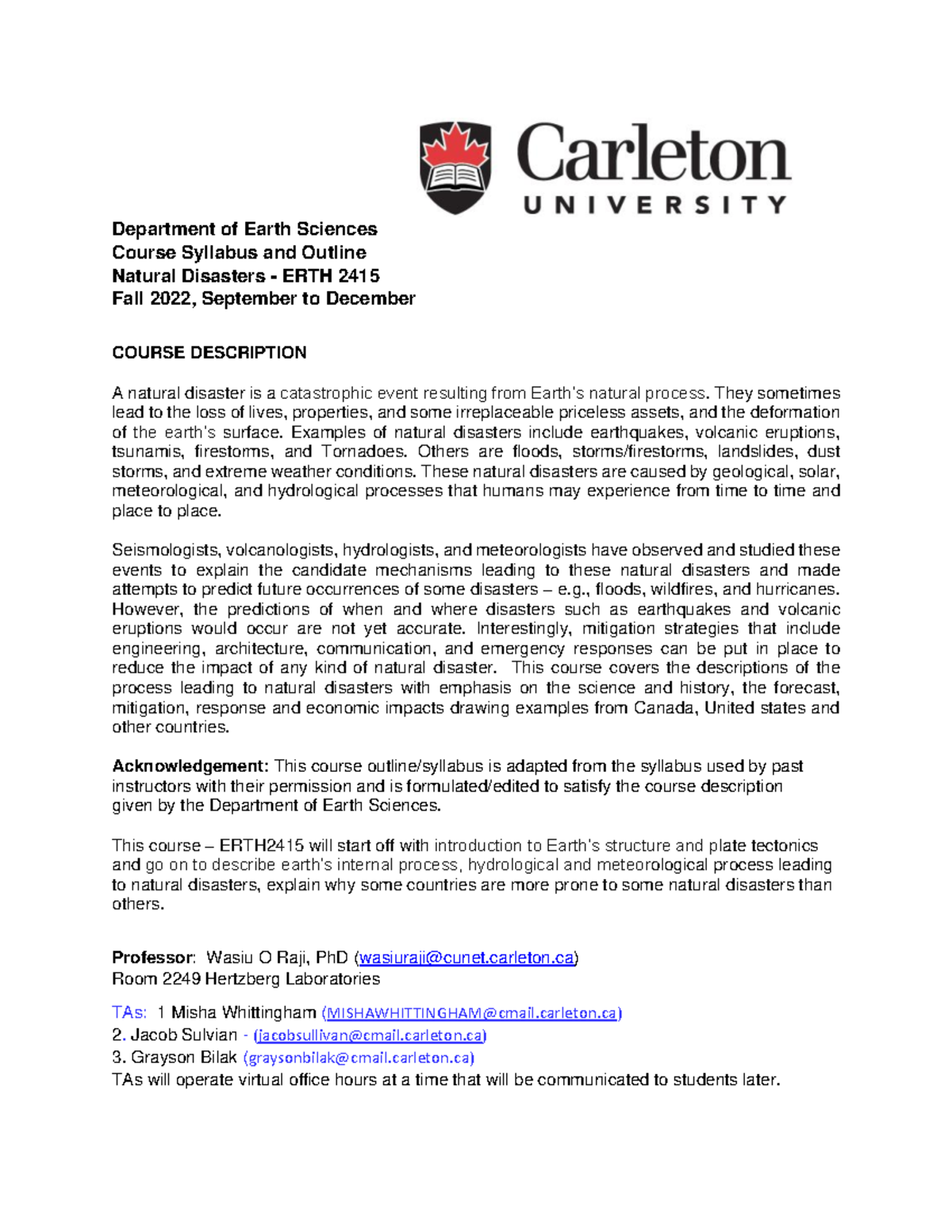 ERTH 2415 Natural Disasters Fall 2022 - Department of Earth Sciences ...