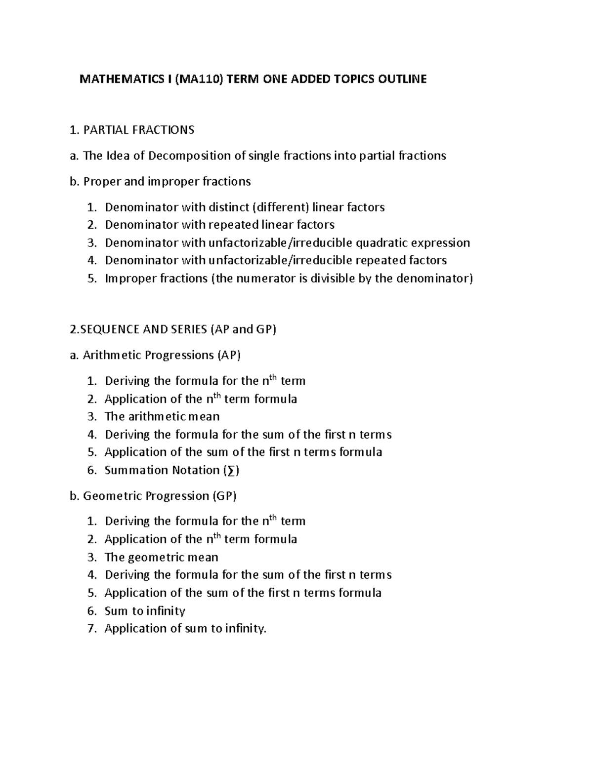 Mathematics I TERM ONE Added Topics Coverage - MATHEMATICS I (MA110 ...