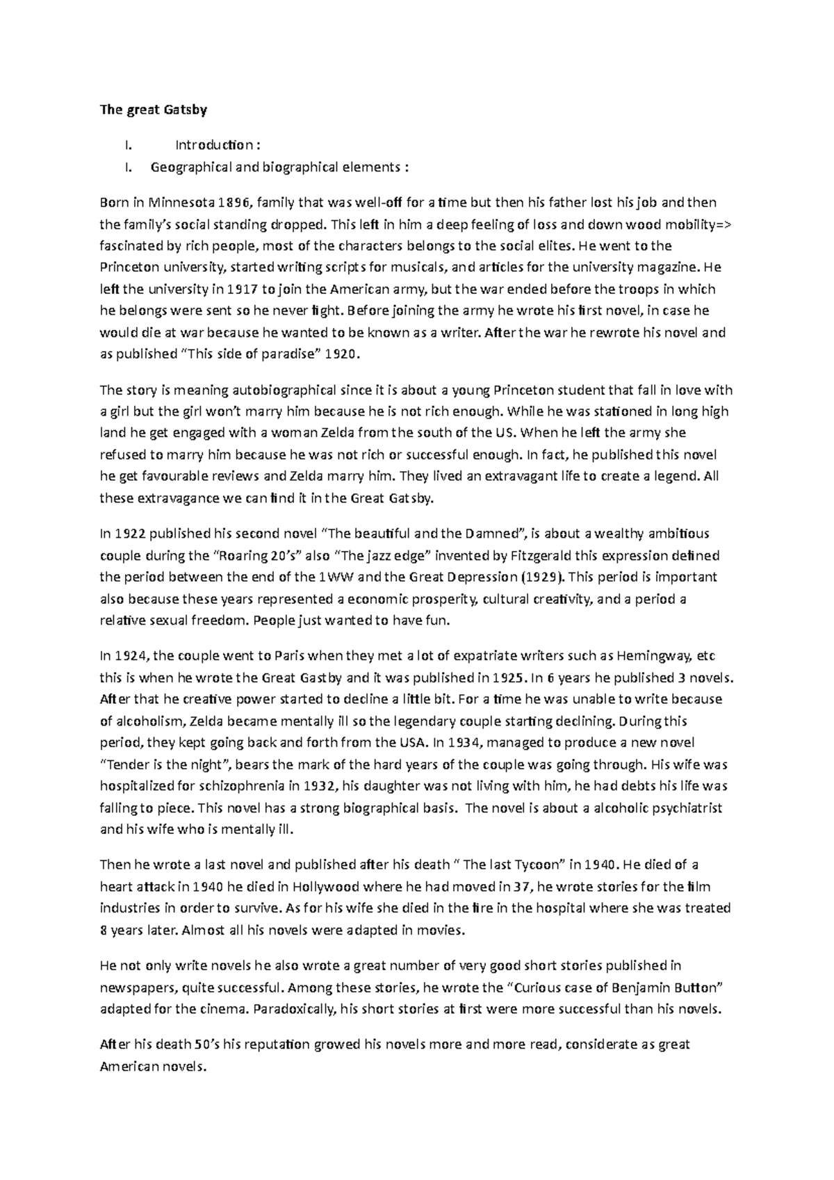 The great Gatsby - Notes de cours 5 - The great Gatsby I. Introduction ...