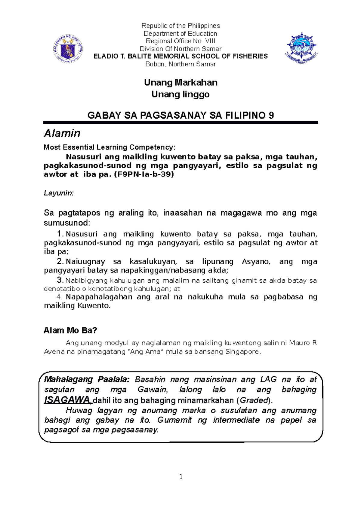 Filipino 9 LAG - Week1 modyul 1 - Republic of the Philippines ...