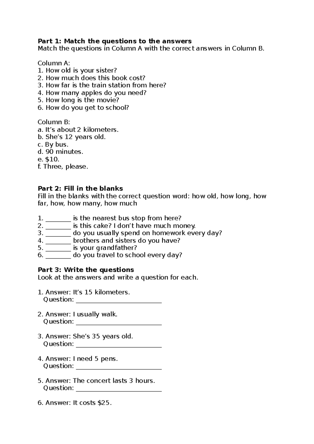 12c how - Questions starting with "how" - Part 1: Match the questions ...