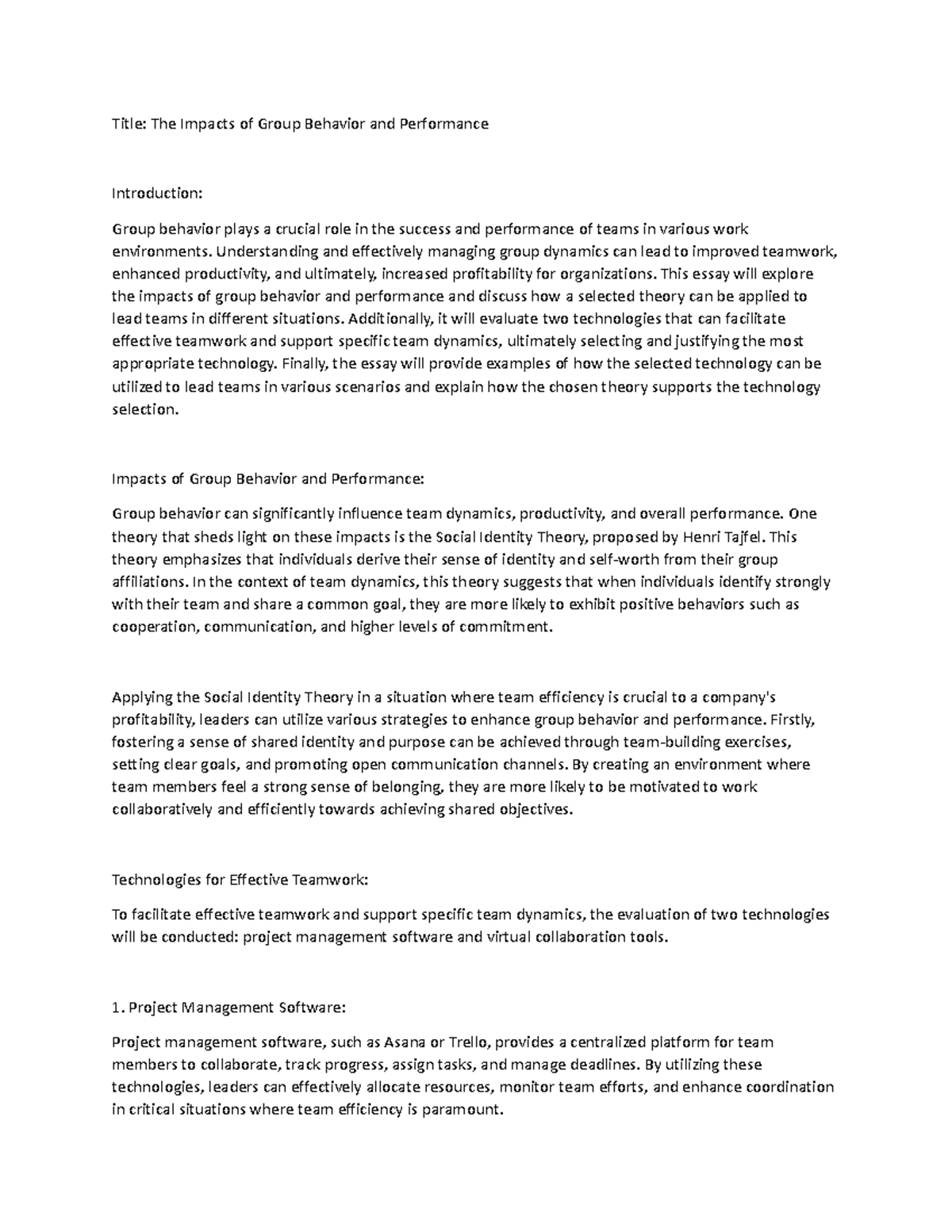 Managementplan - MGT-200 - Title: The Impacts of Group Behavior and ...