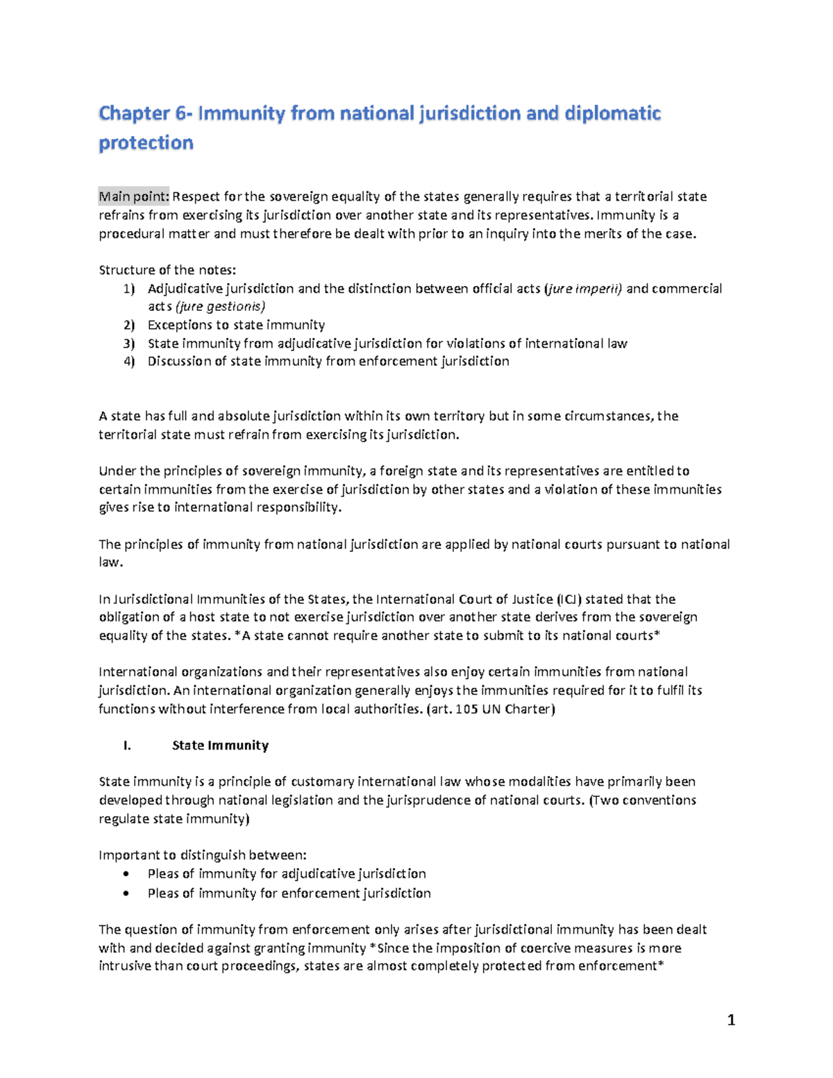 Public International Law- Immunity from national jurisdiction - Chapter ...