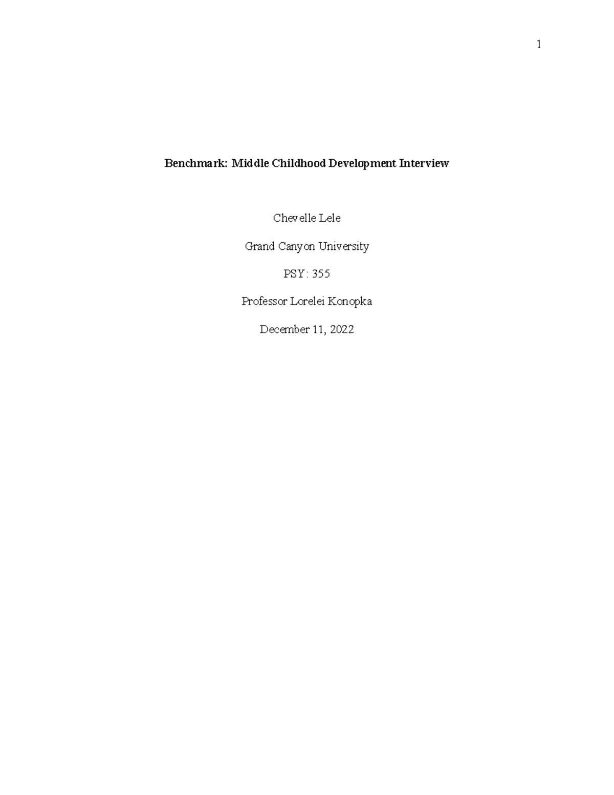 Benchmark- Middle Childhood Development Interview - Benchmark: Middle Childhood Development ...