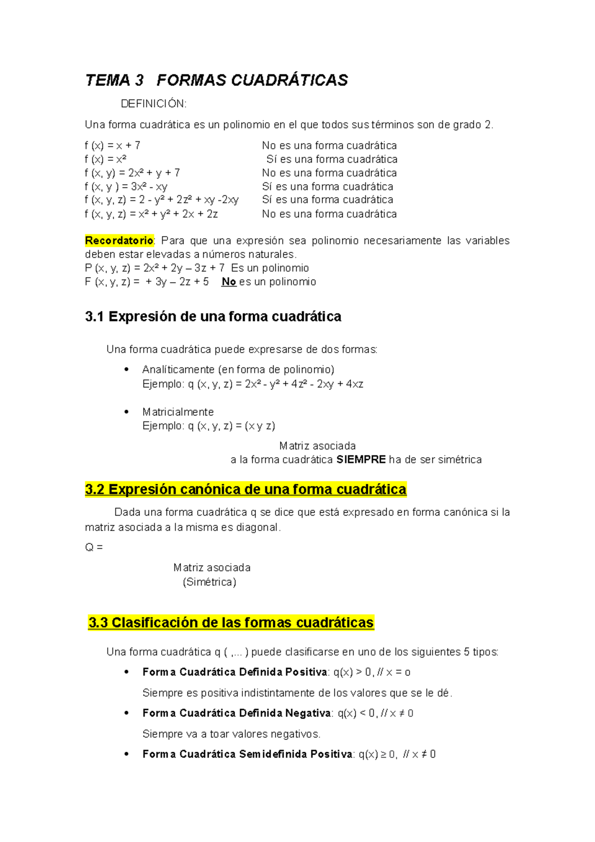 Unidad 3: Formas Cuadráticas (Teoría) - TEMA 3 FORMAS CUADRÁTICAS ...