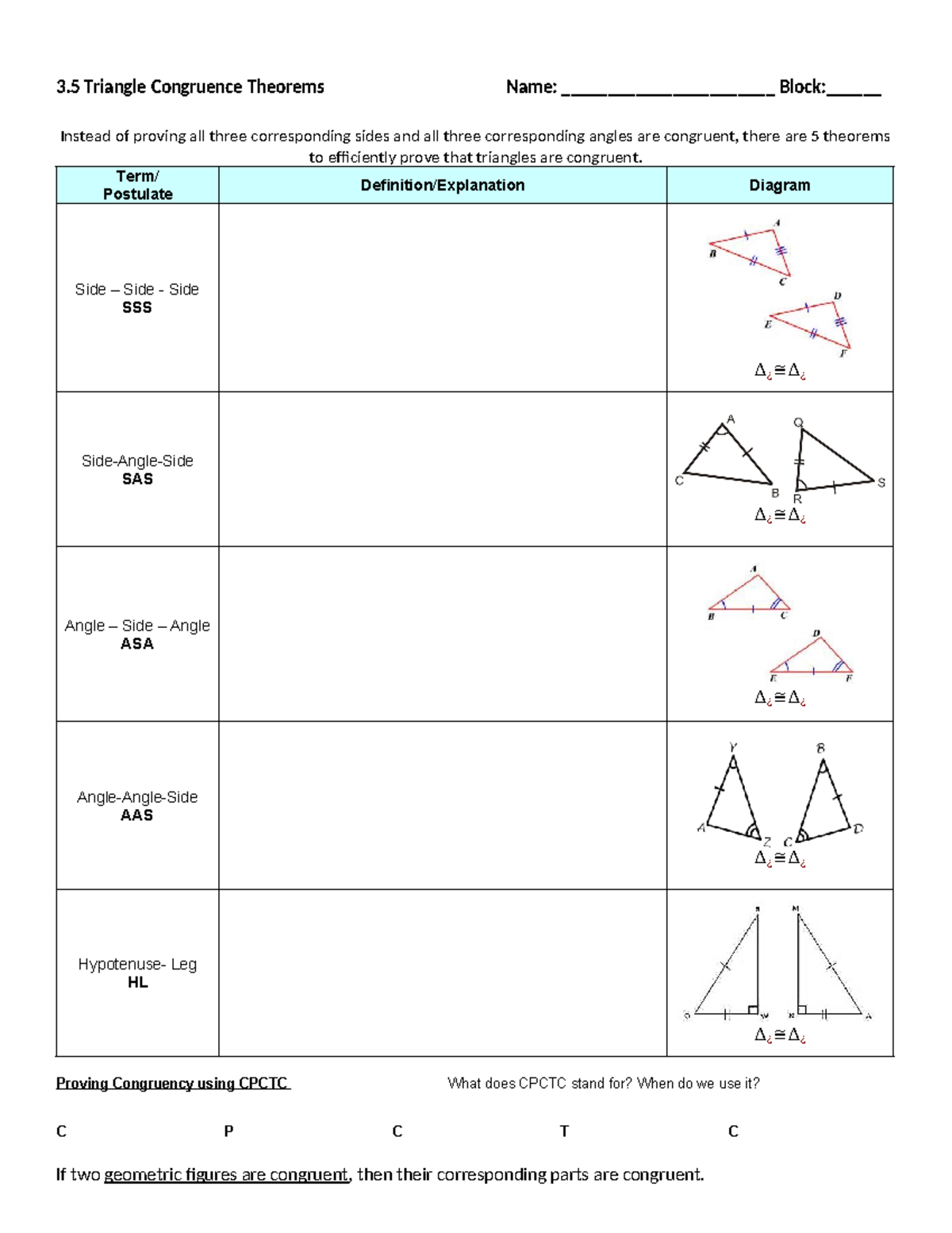 3 - girlll - 3 Triangle Congruence Theorems Name ...