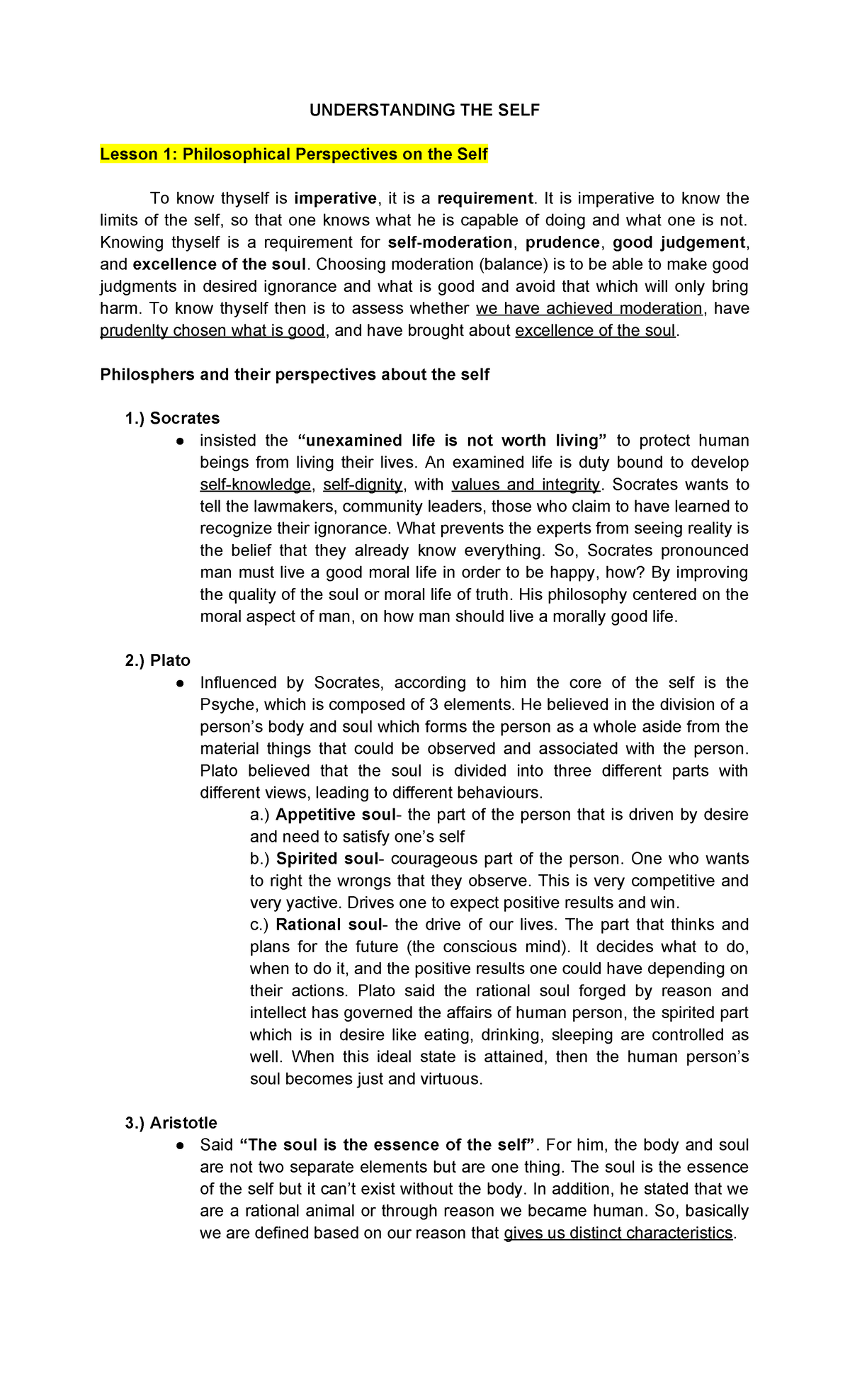 UTS Module - Uts - UNDERSTANDING THE SELF Lesson 1: Philosophical Perspectives on the Self To ...