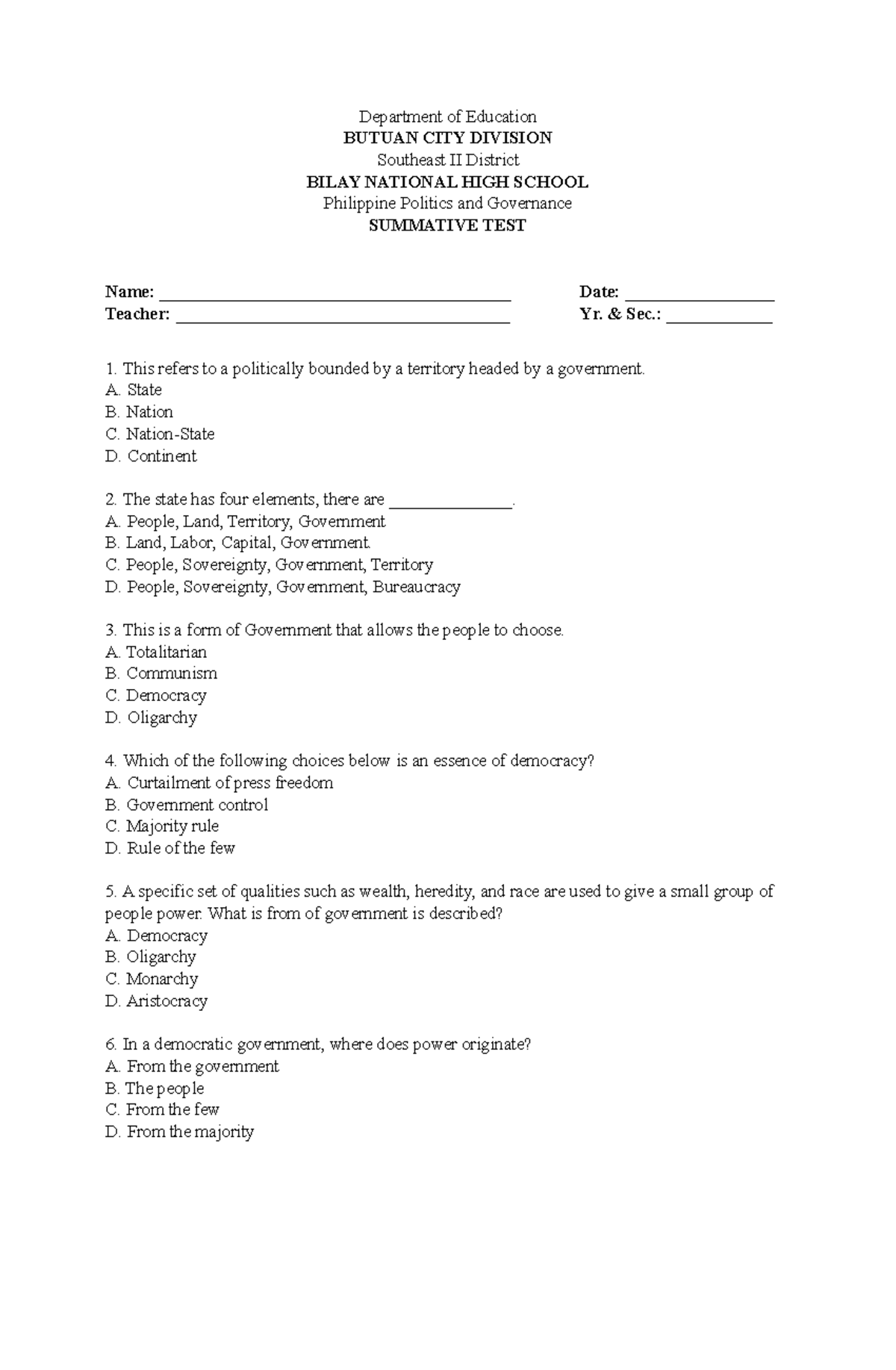 Summative Test PPG - Department of Education BUTUAN CITY DIVISION ...