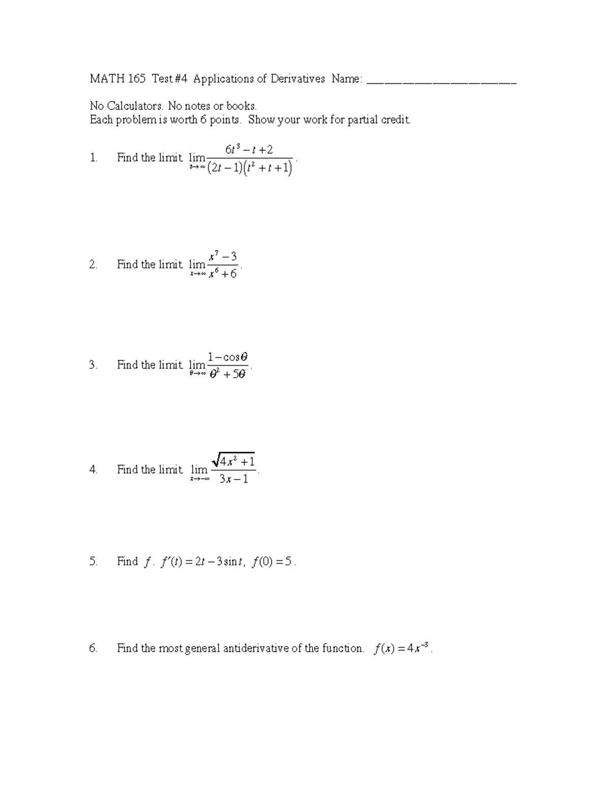 Chapter 04Sample Test - MATH 165 Test #4 Applications of Derivatives ...