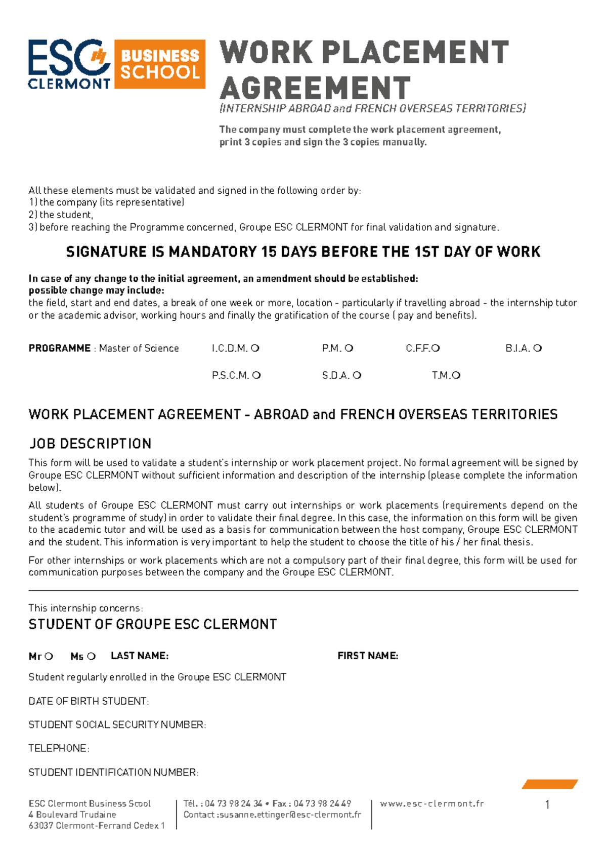 Convention Stage MSc EN - ESC Clermont Business Scool 4 Boulevard ...