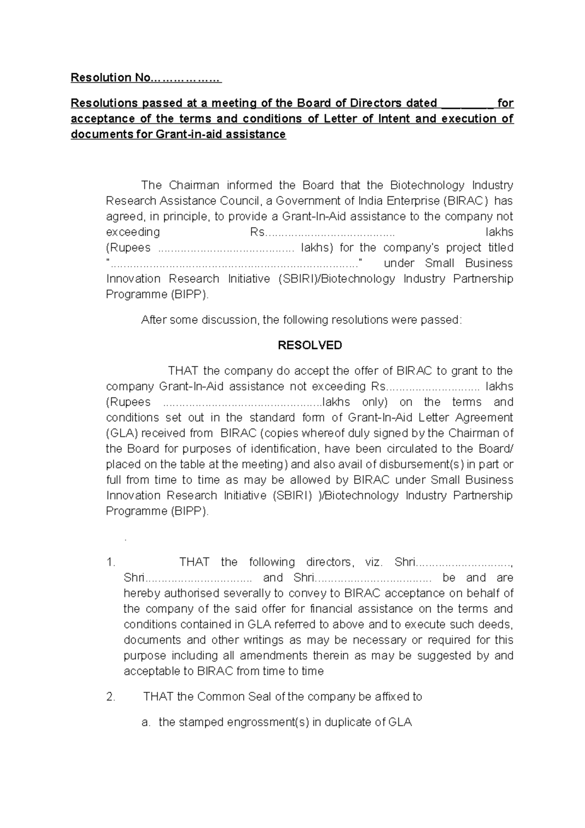 Board Resolution Format - Resolution No.................. Resolutions ...