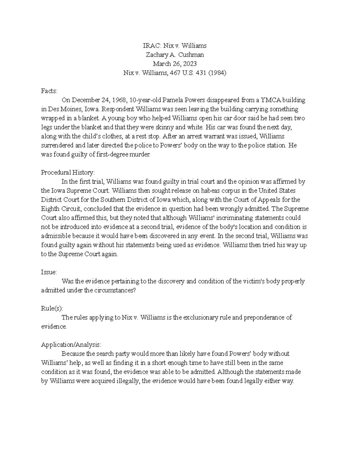 Nix v. Williams Case Brief - IRAC: Nix v. Williams Zachary A. Cushman ...