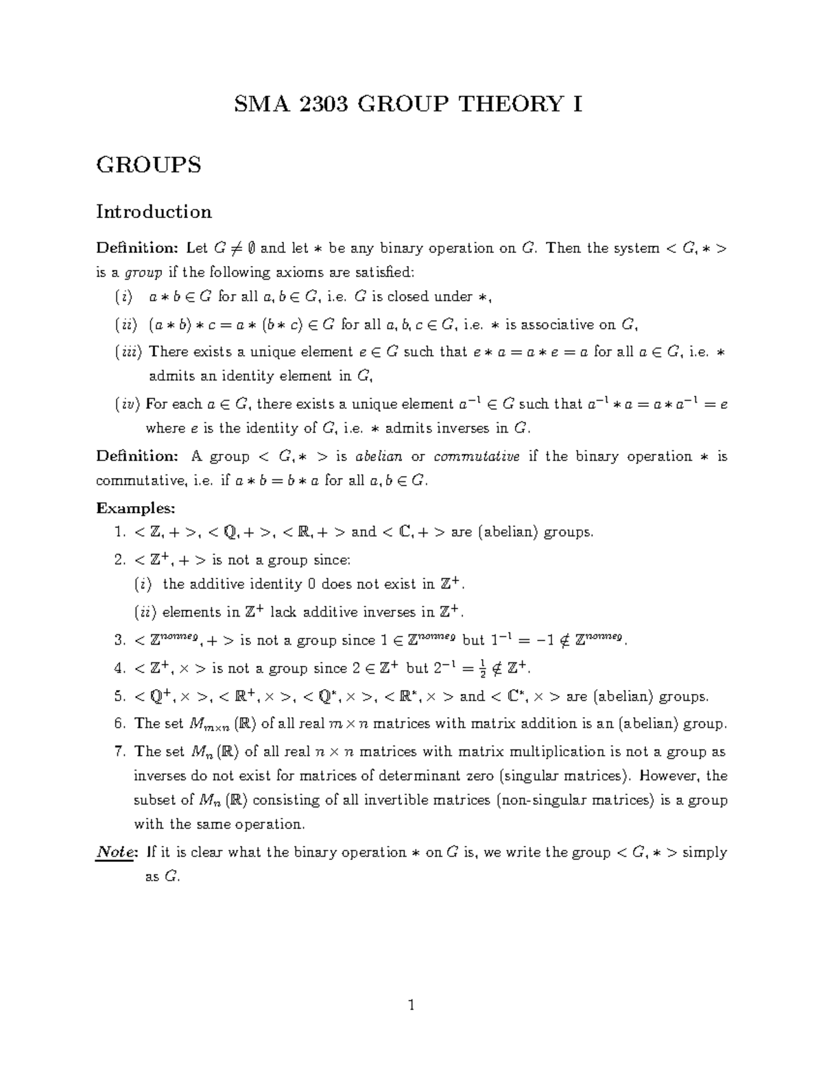 SMA 2303 Group Theory I Notes - SMA 2303 GROUP THEORY I GROUPS ...