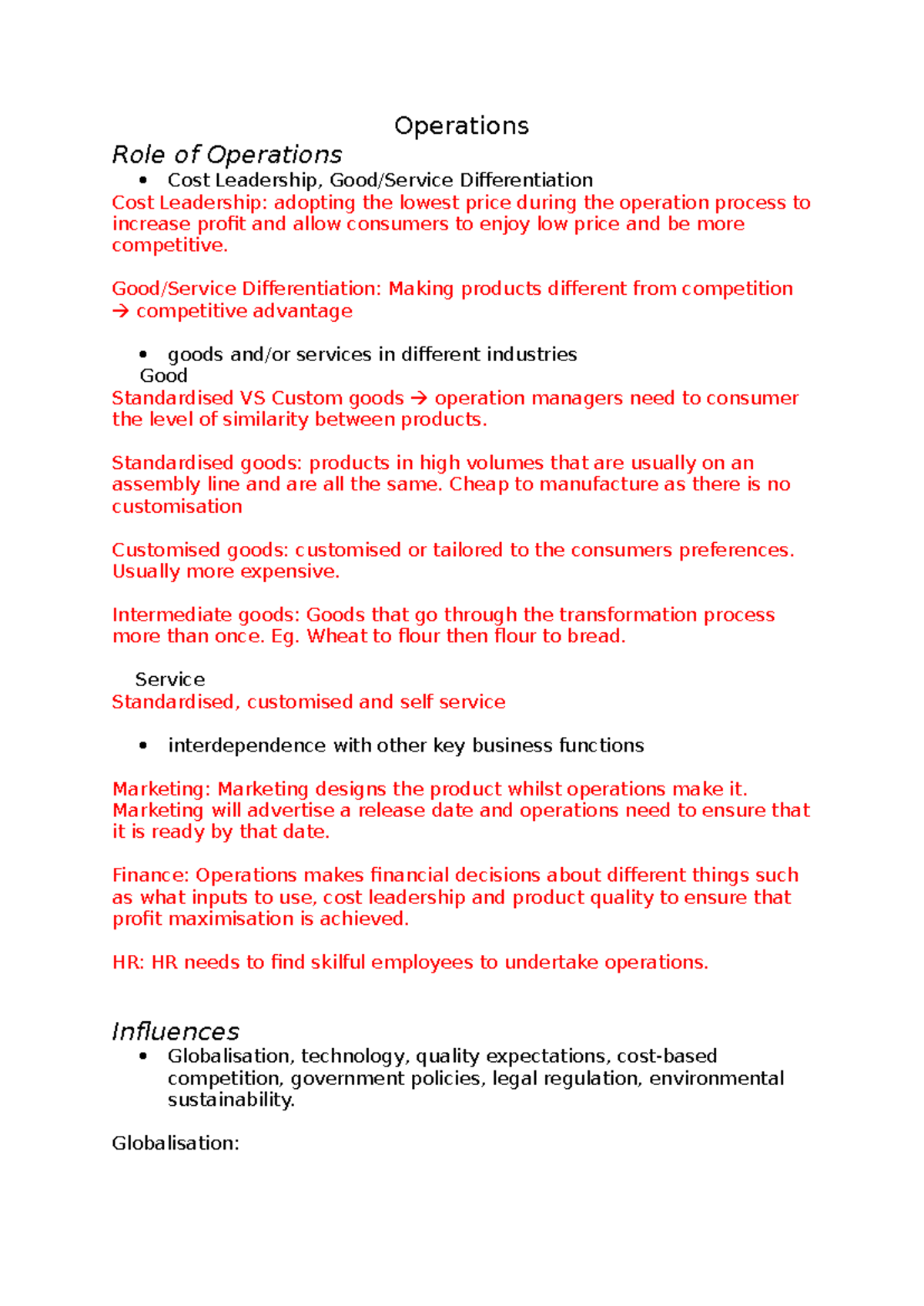 Operations - operation notes - Operations Role of Operations Cost ...