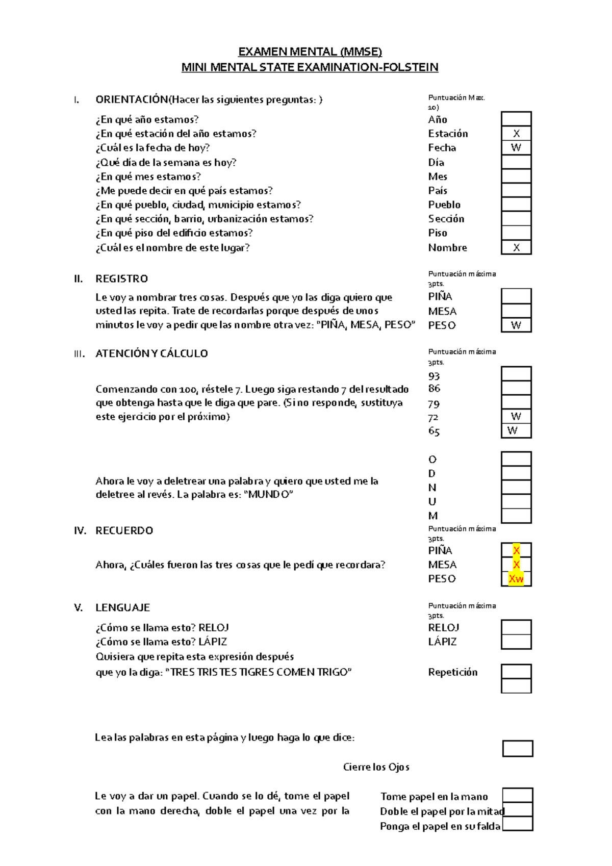 Examen Mental de Folstein - EXAMEN MENTAL (MMSE) MINI MENTAL STATE ...