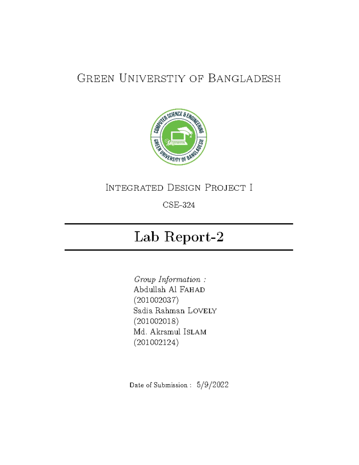 LAB report 2 new - dasdasasd - Green Universtiy of Bangladesh Integrated Design Project I CSE ...
